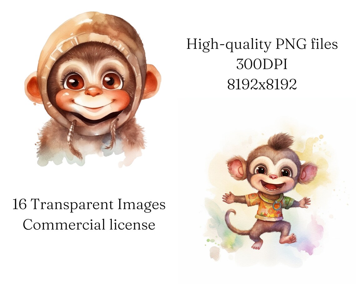 Watercolor Animal Clipart - Cute Monkey Clipart - Monkey Watercolor ...