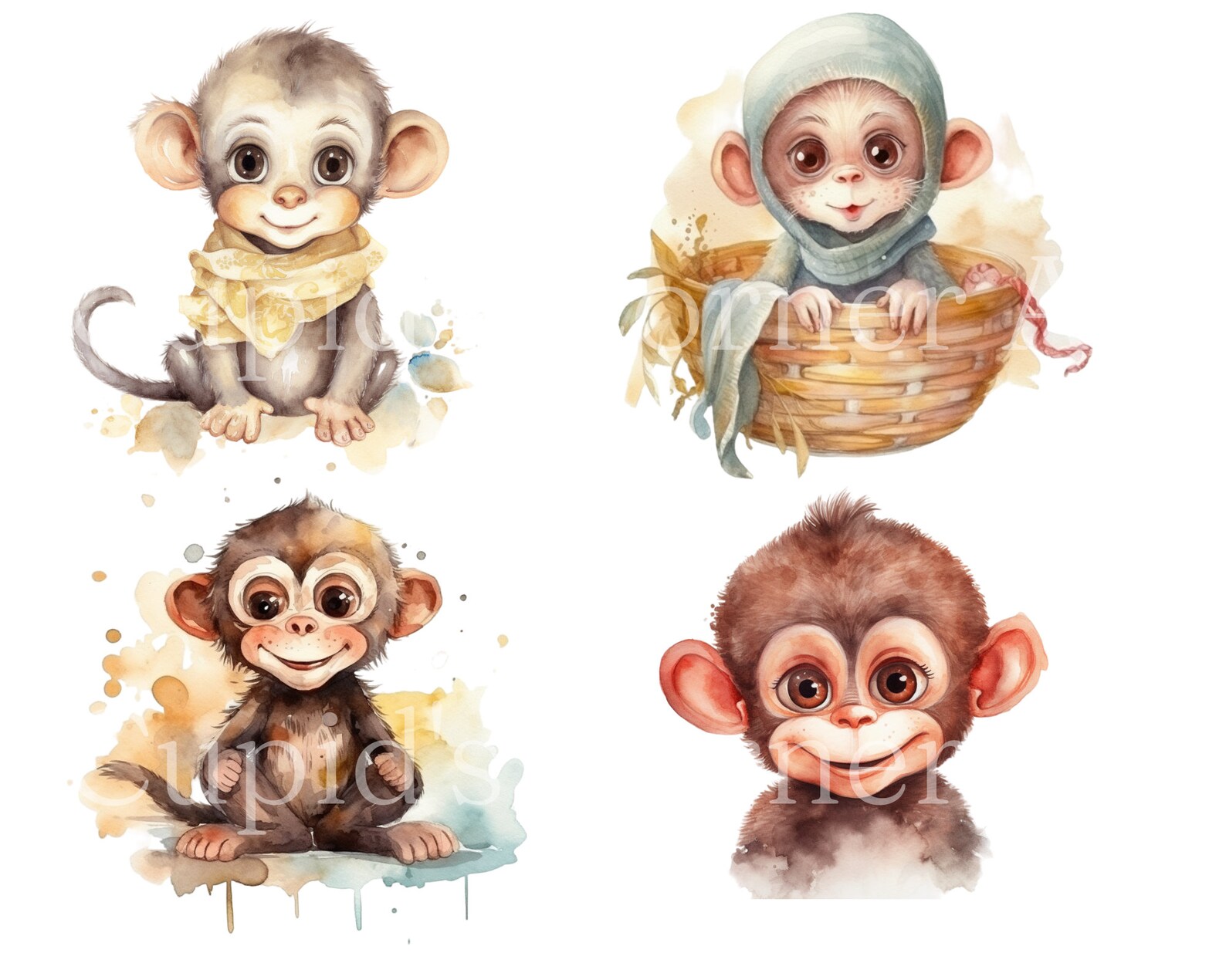 Watercolor Animal Clipart - Cute Monkey Clipart - Monkey Watercolor ...