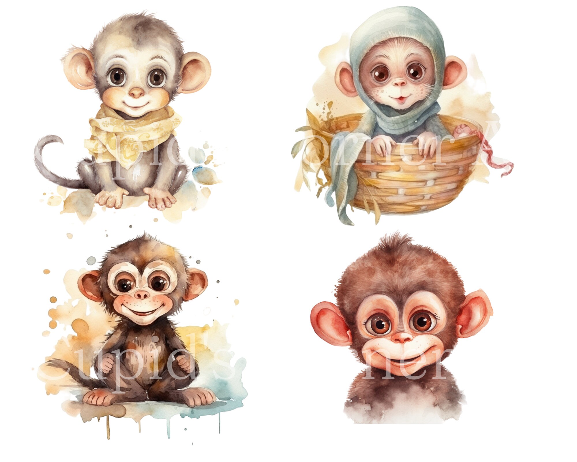Watercolor Animal Clipart - Cute Monkey Clipart - Monkey Watercolor ...