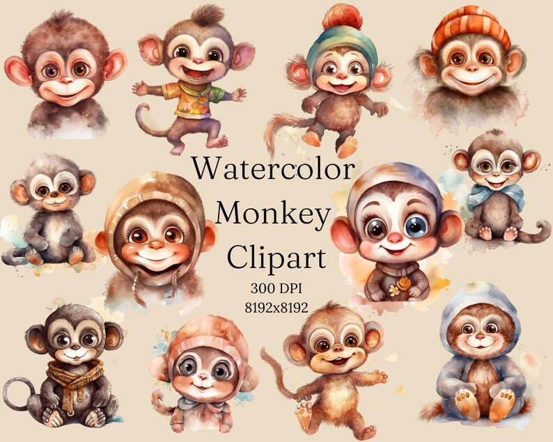 Watercolor Animal Clipart - Cute Monkey Clipart - Monkey Watercolor ...