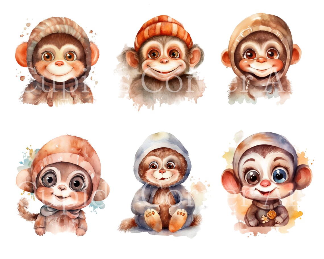 Watercolor Animal Clipart - Cute Monkey Clipart - Monkey Watercolor ...