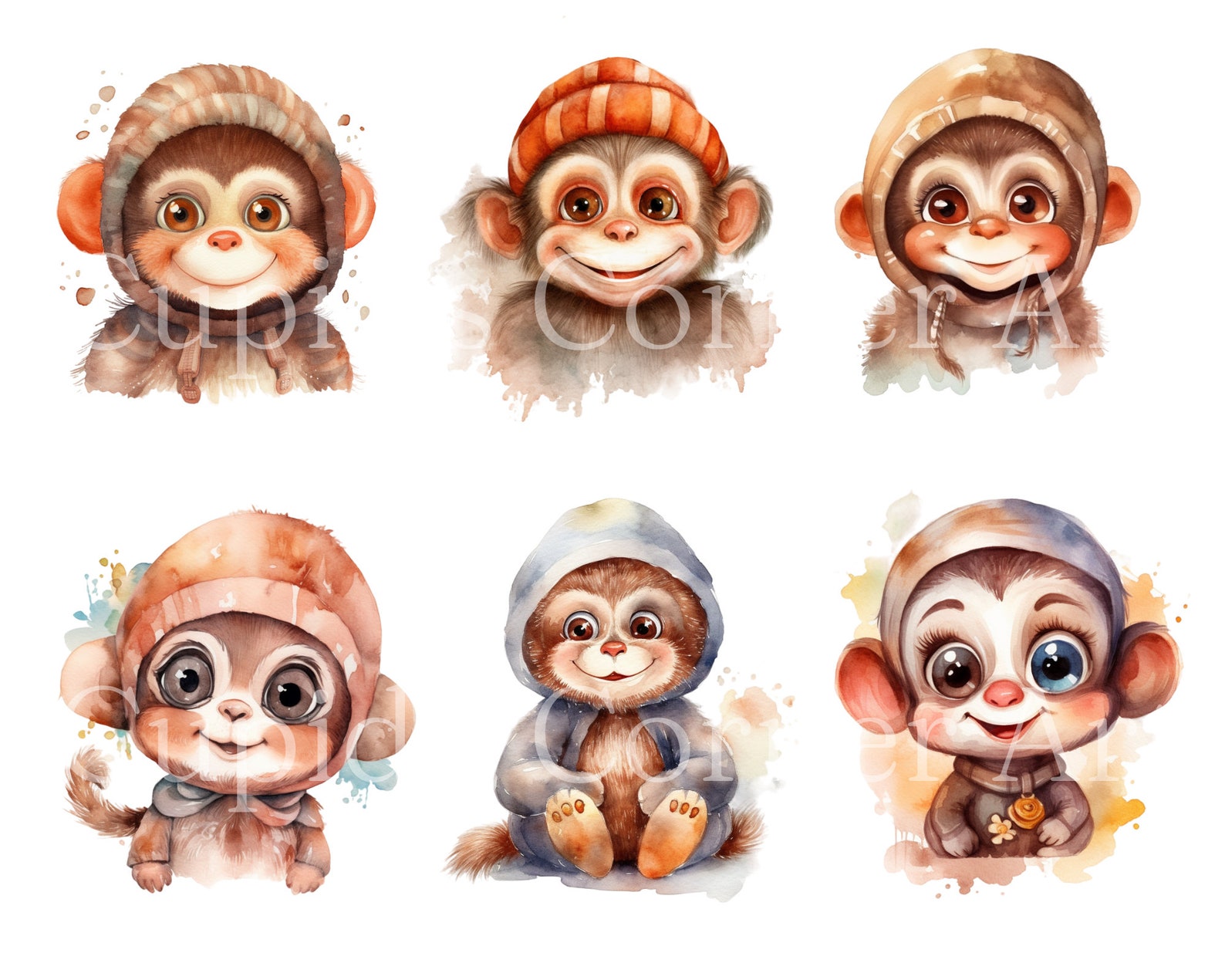 Watercolor Animal Clipart - Cute Monkey Clipart - Monkey Watercolor ...