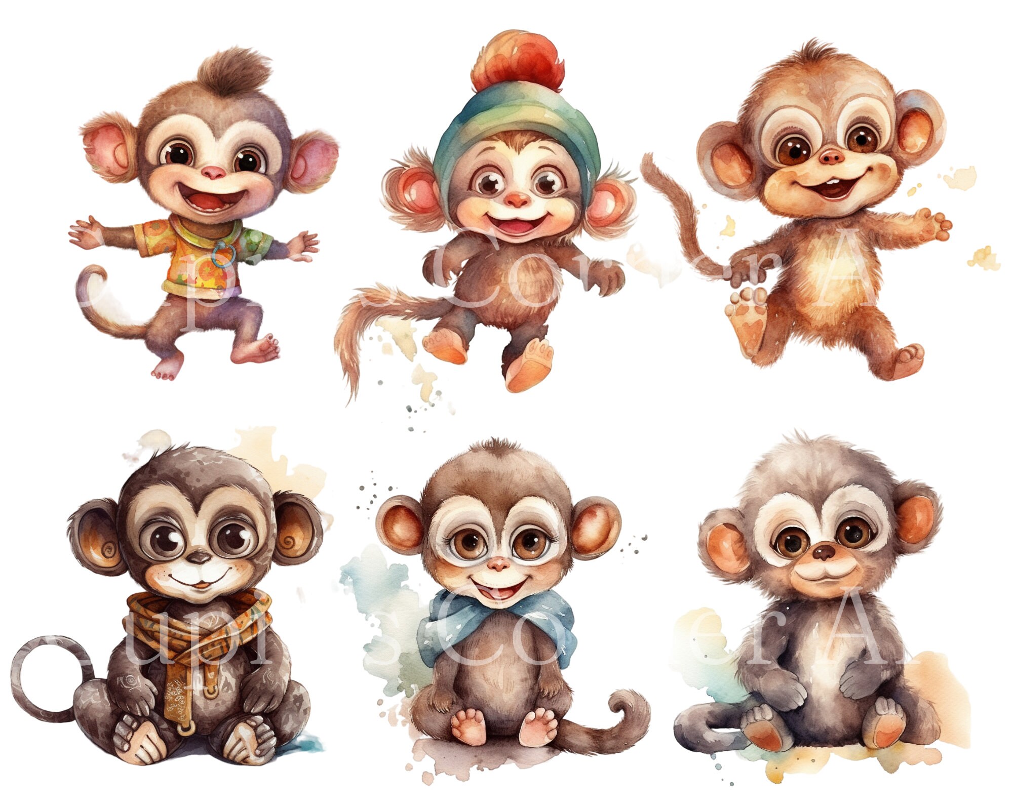 Watercolor Animal Clipart - Cute Monkey Clipart - Monkey Watercolor ...