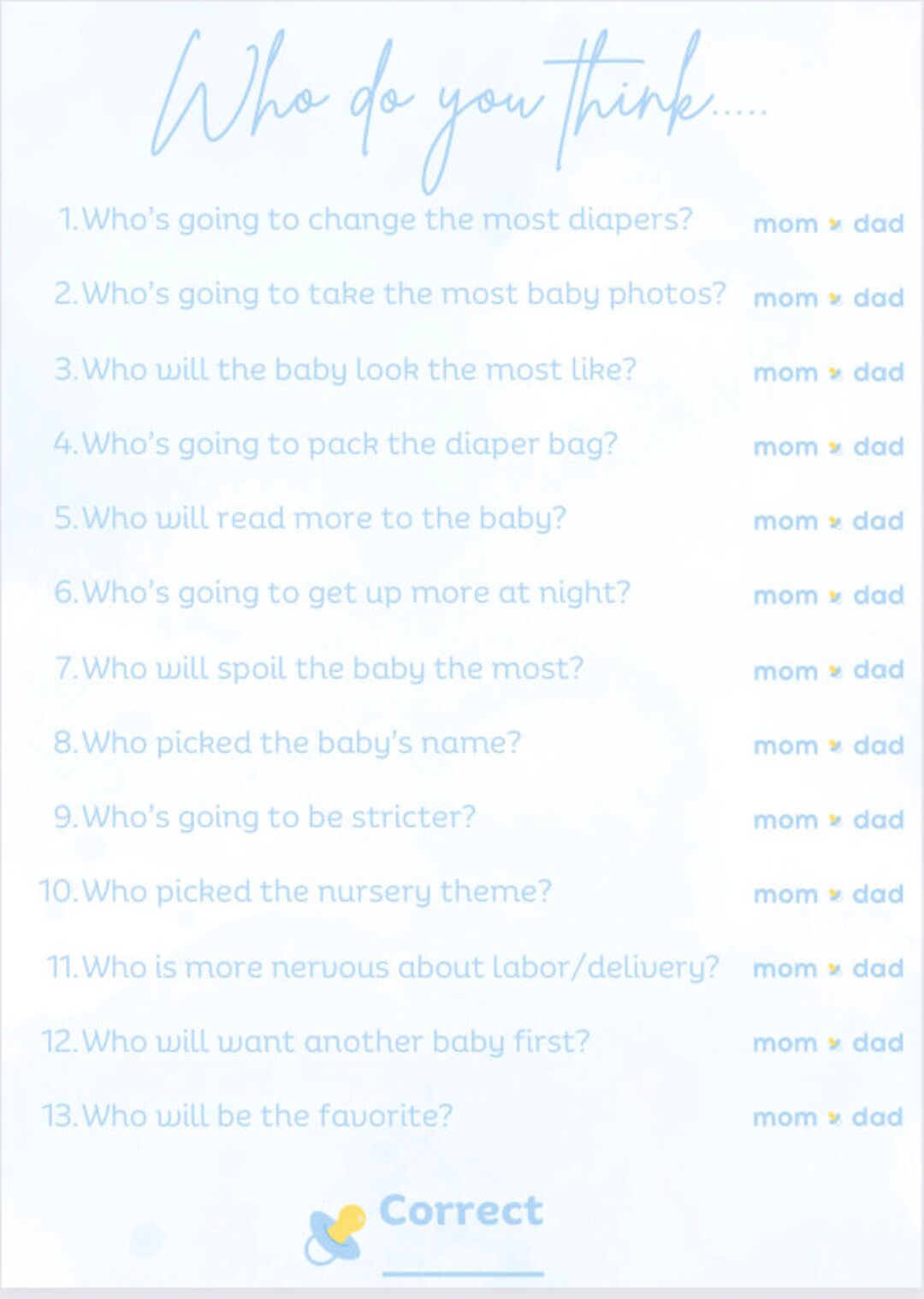 Baby Shower "who Do You Think Will..." Game, Printable Digital Download ...