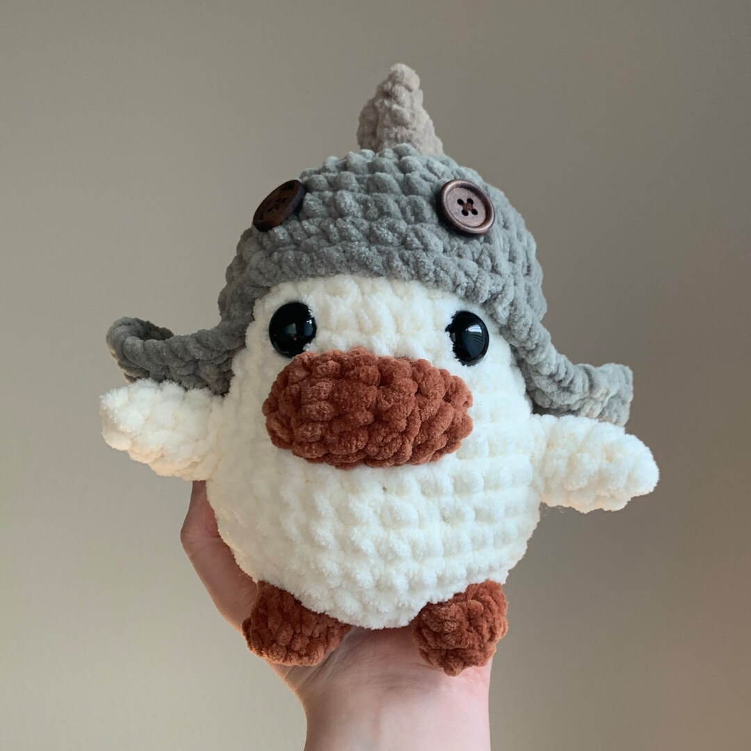 Handmade Crochet Duck With Dinosaur Hat, Bernat Blanket Yarn Crochet ...