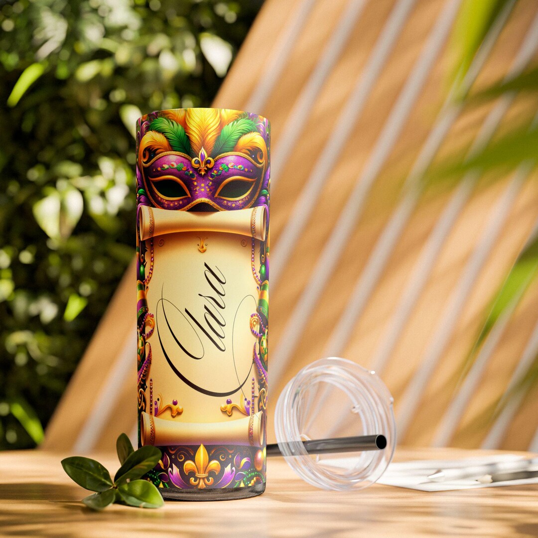 Skinny Tumbler, Custom Mardi Gras Mask Design, Personalized Insulated ...