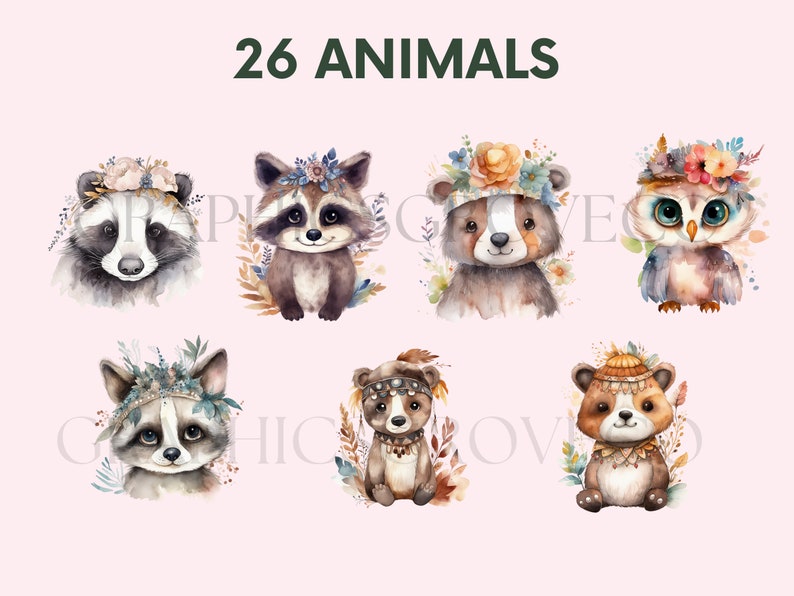 Boho Woodland Animal Clipart Baby Shower Girl Decor Watercolor - Etsy