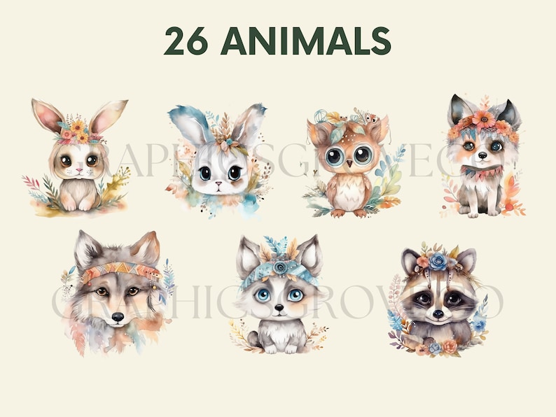 Boho Woodland Animal Clipart Baby Shower Girl Decor Watercolor - Etsy