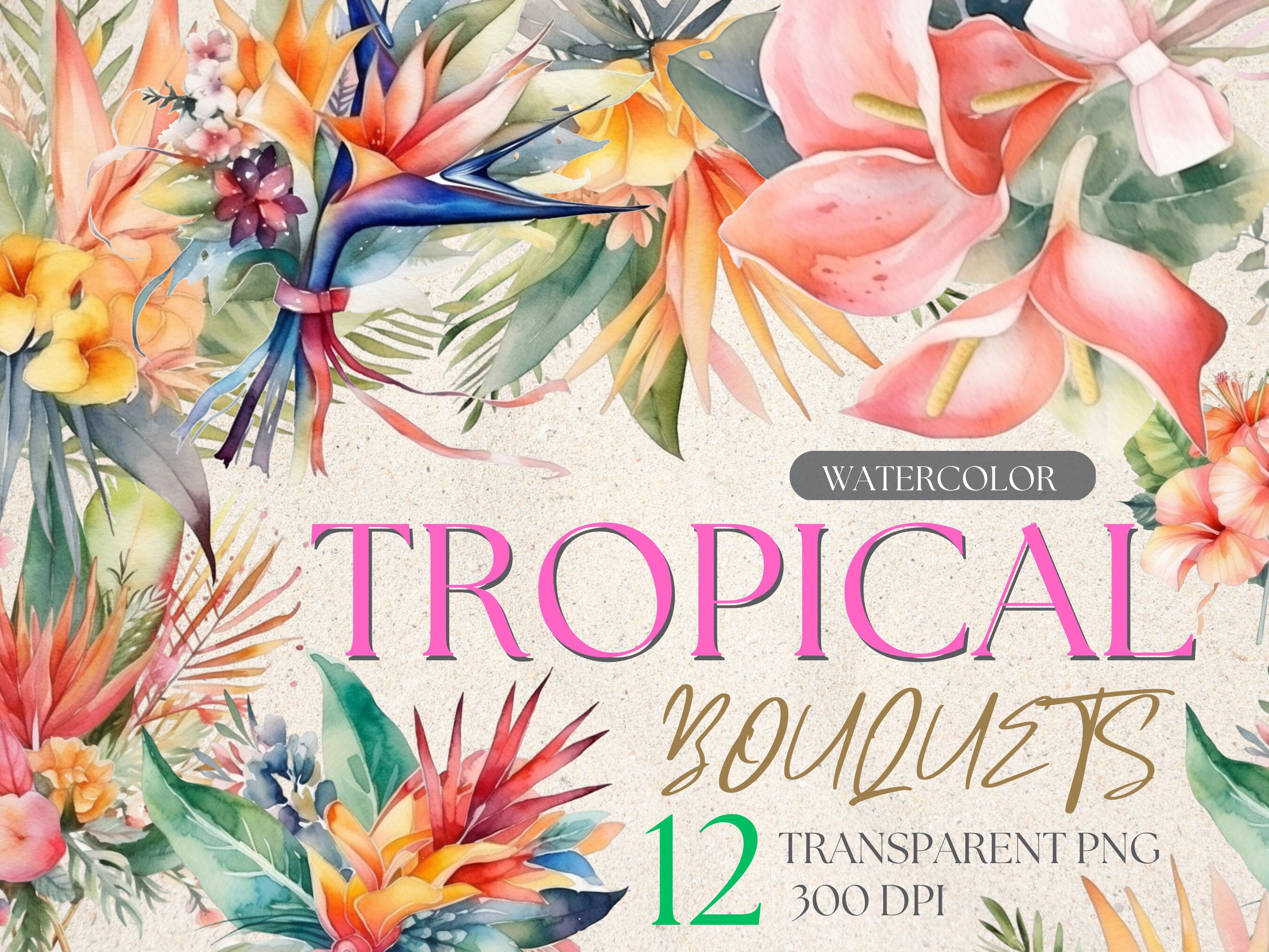 Watercolor Tropical Bouquet Flower Clipart, Jungle Foliage, Orchid ...