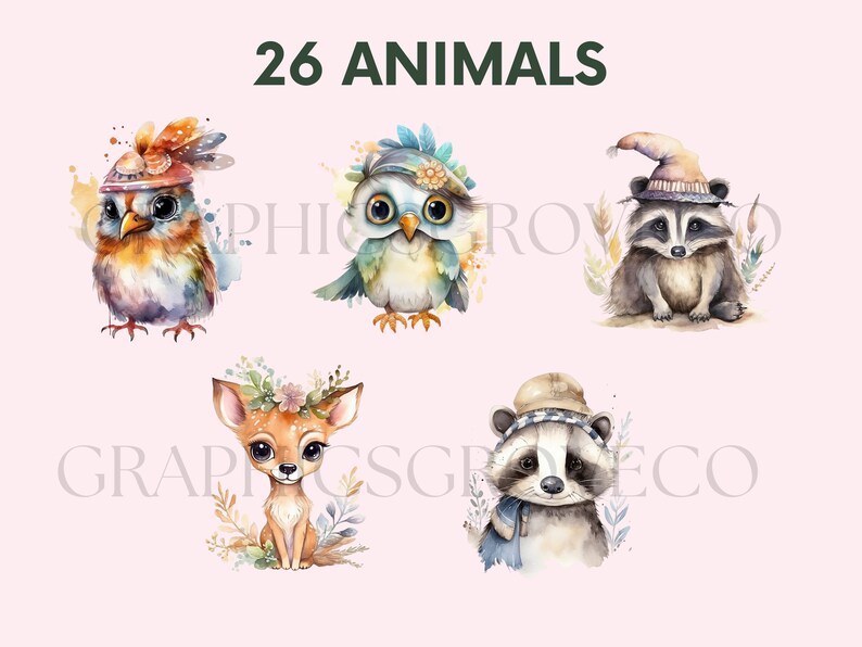 Boho Woodland Animal Clipart Baby Shower Girl Decor Watercolor - Etsy