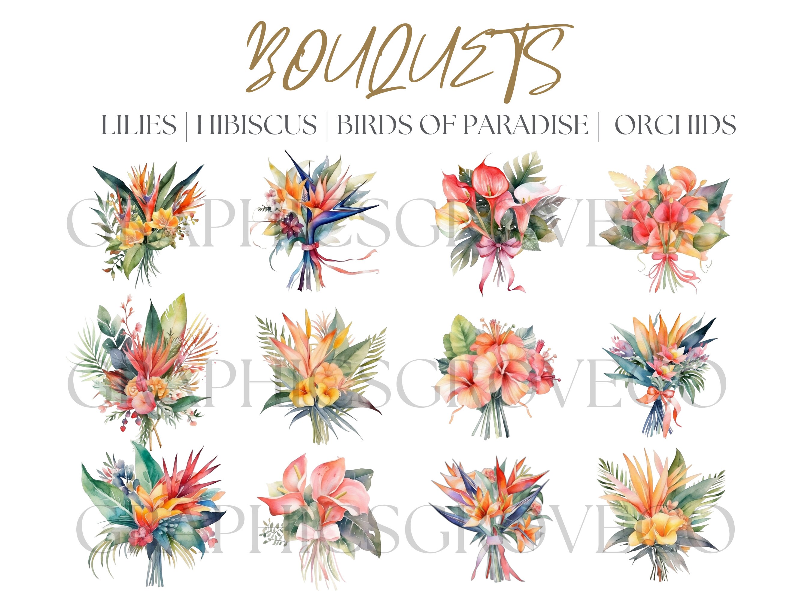 Watercolor Tropical Bouquet Flower Clipart, Jungle Foliage, Orchid ...
