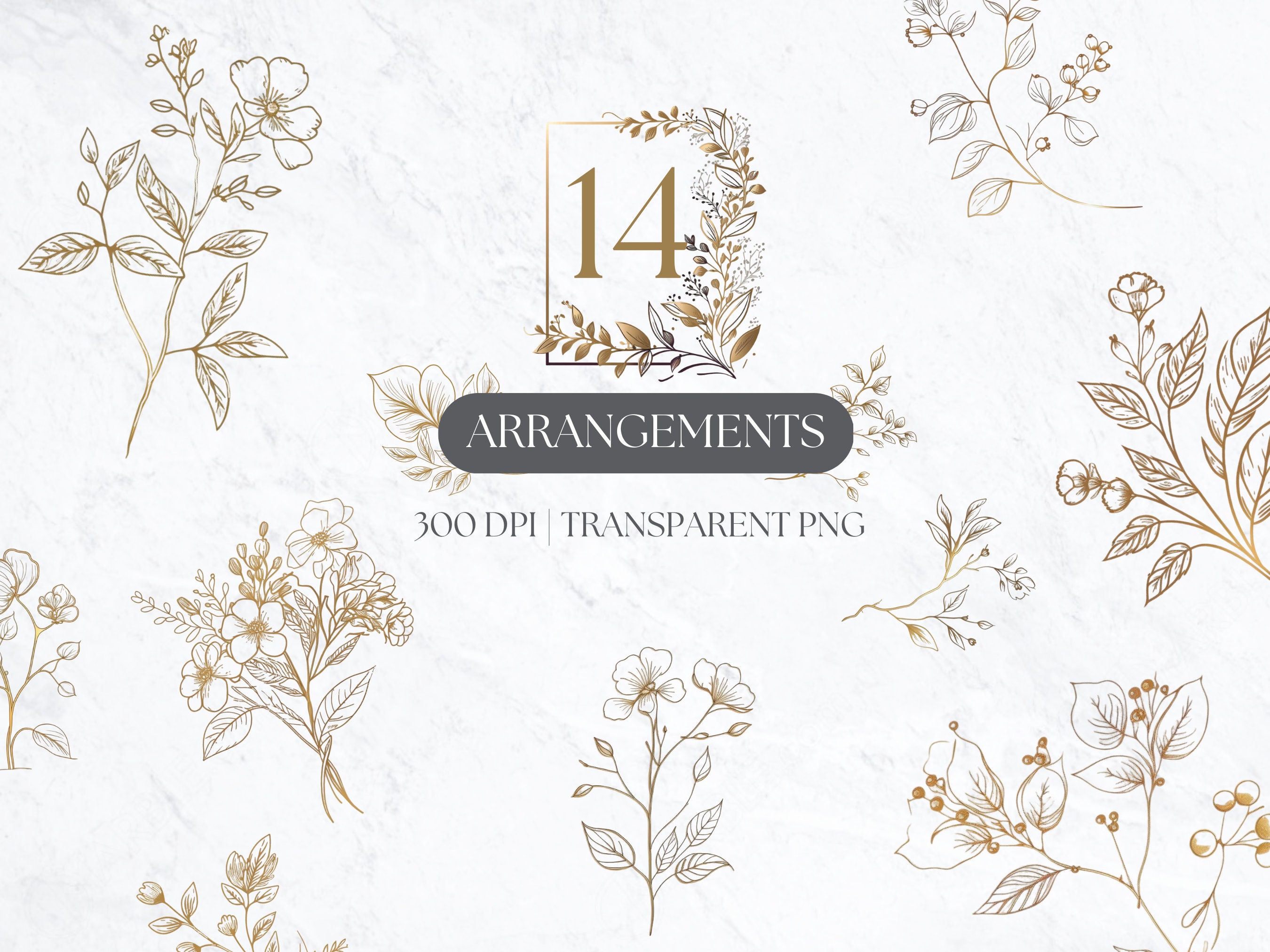 Gold Flower Clipart, Gold Bouquet Frame Graphics, Wedding Bridal Baby ...