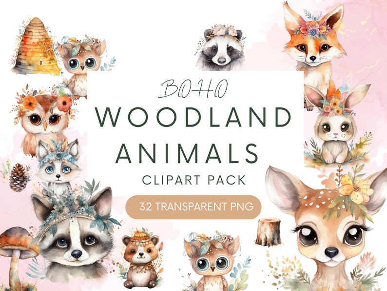 Boho Woodland Animal Clipart Baby Shower Girl Decor Watercolor - Etsy