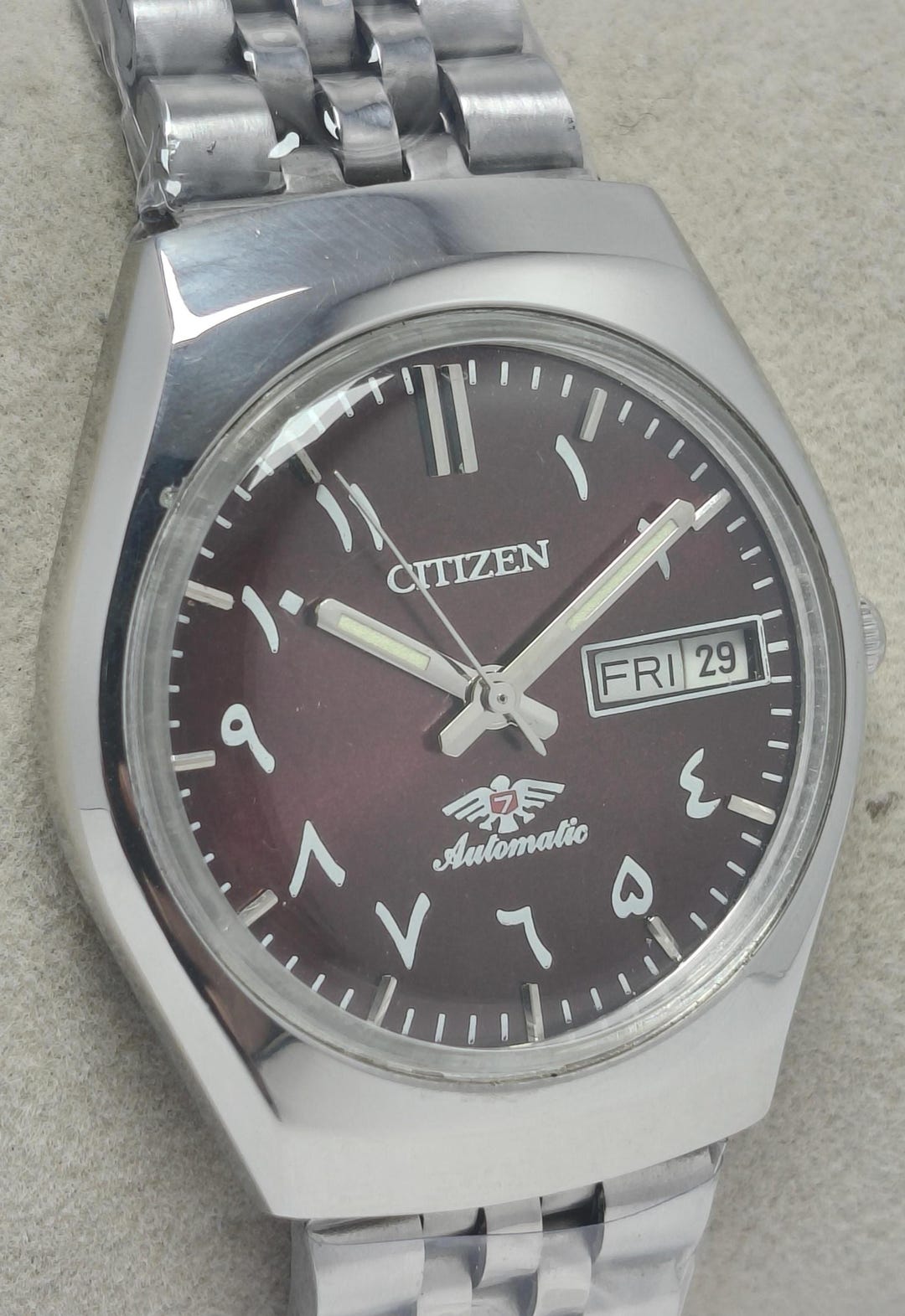 Vintage Citizen Automatic Watch: Arabic Numerals, Red Wine Dial Day ...