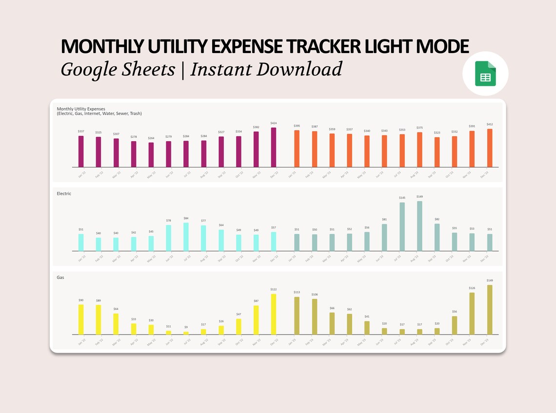 Monthly Utility Expense Tracker Light Mode Spreadsheet | Expense ...