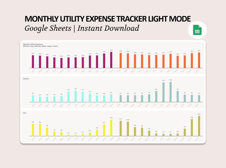 Monthly Utility Expense Tracker Light Mode Spreadsheet | Expense ...