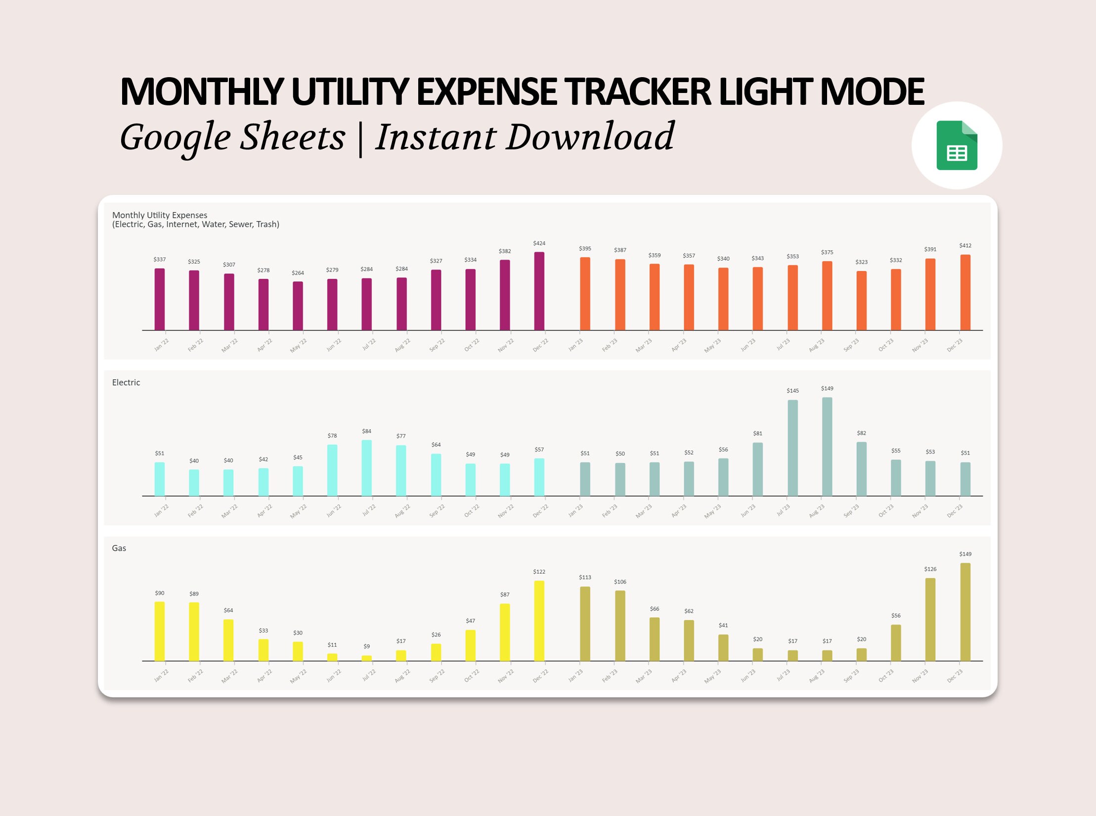 Monthly Utility Expense Tracker Light Mode Spreadsheet | Expense ...