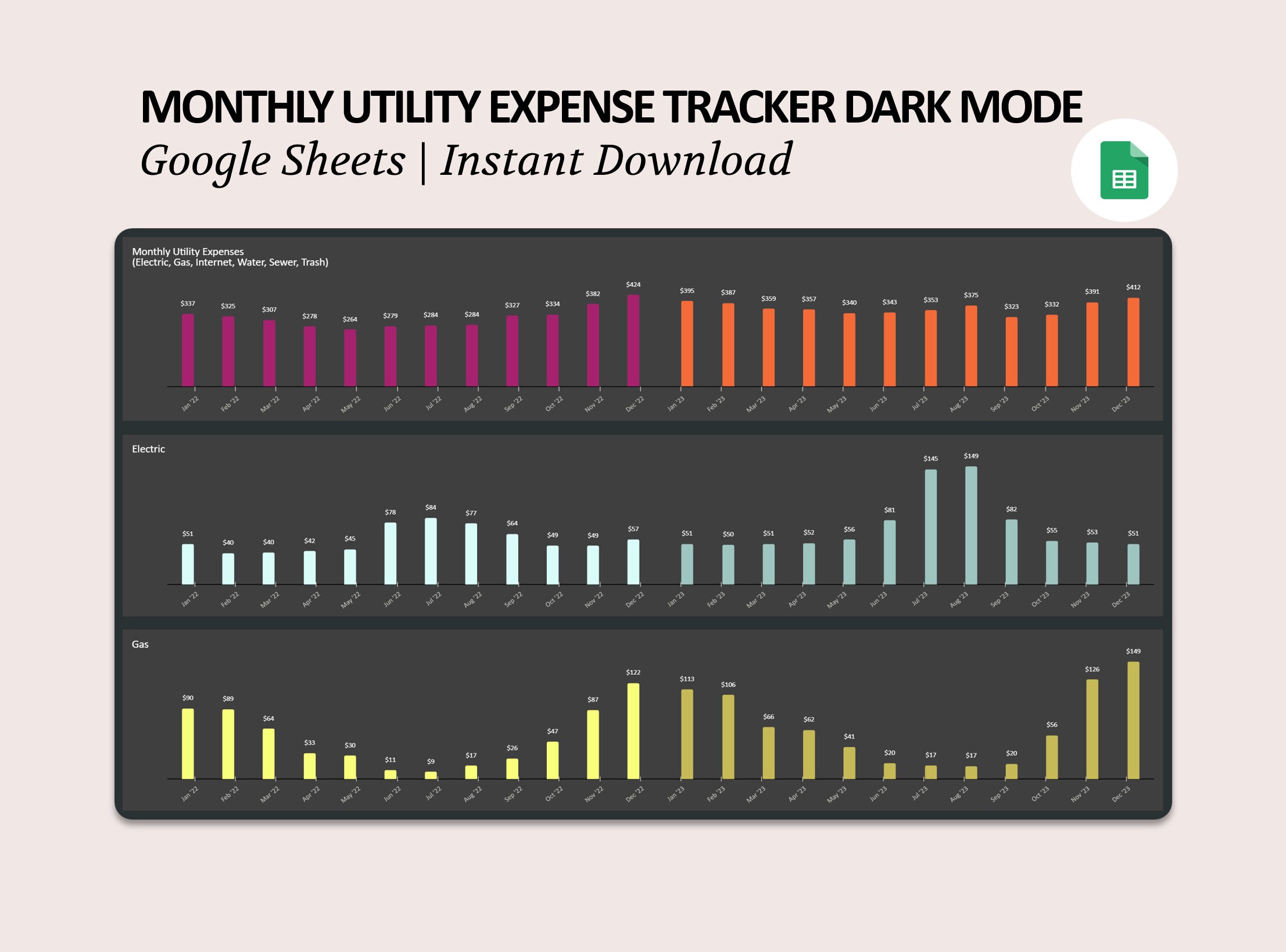 Monthly Utility Expense Tracker Dark Mode Spreadsheet | Expense ...