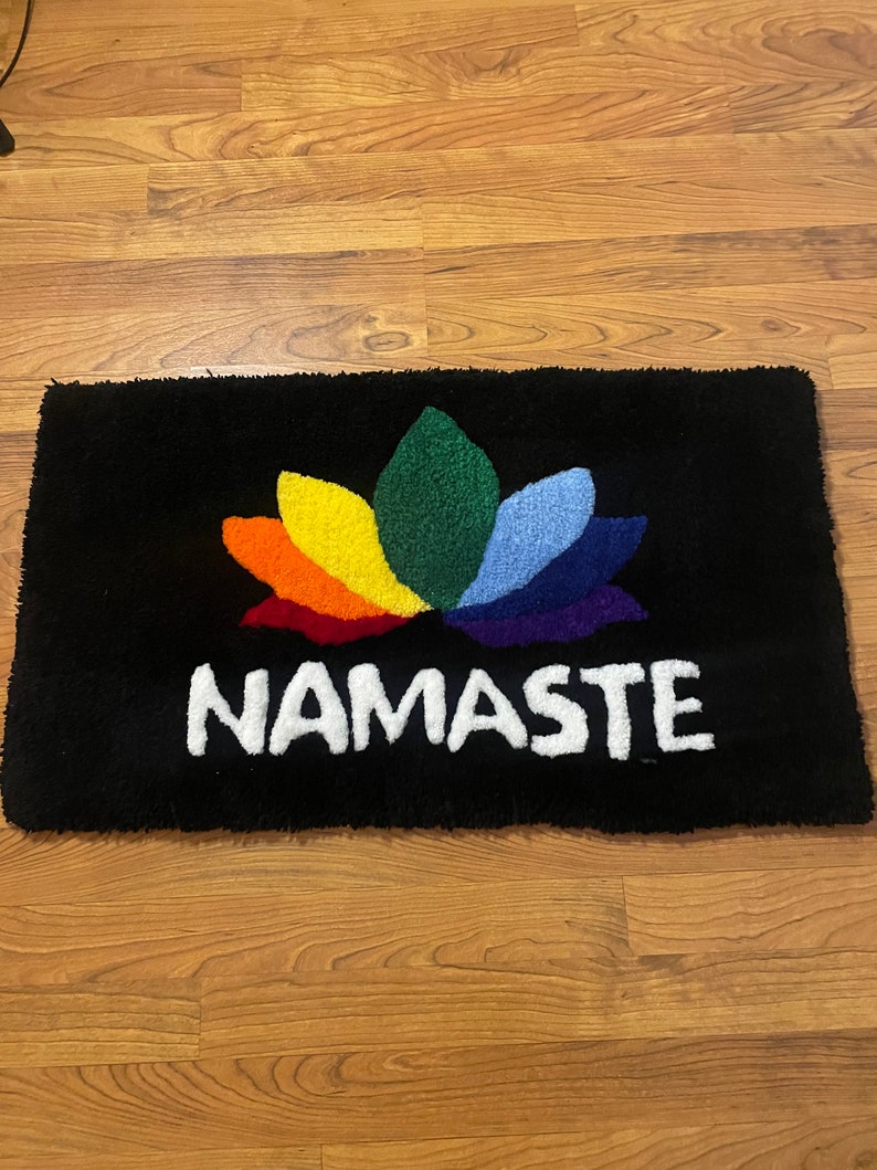 Handmade Chakra Lotus Flower Tufted Rug With NAMASTE - Acrylic Yarn Non ...
