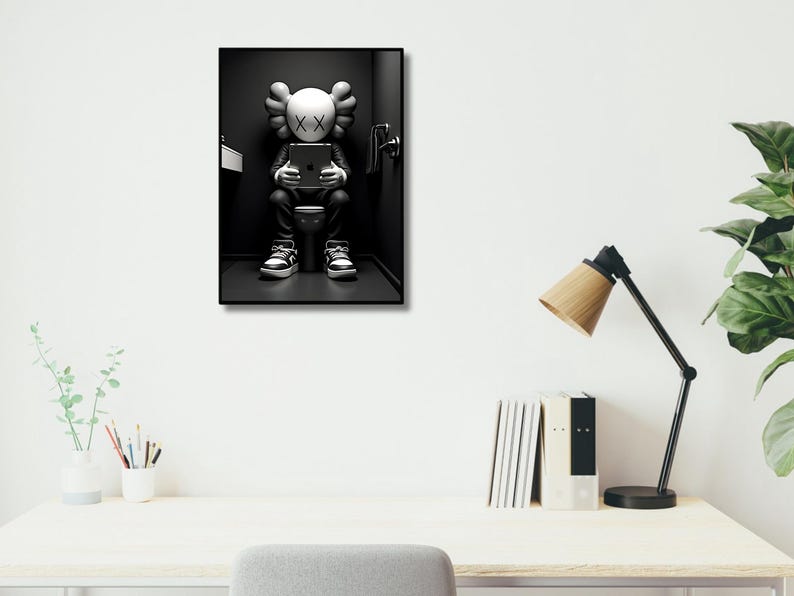 Kaws Using iPad Sitting on Toilet Poster, Kaws Toilet Poster, Nike Kaws ...