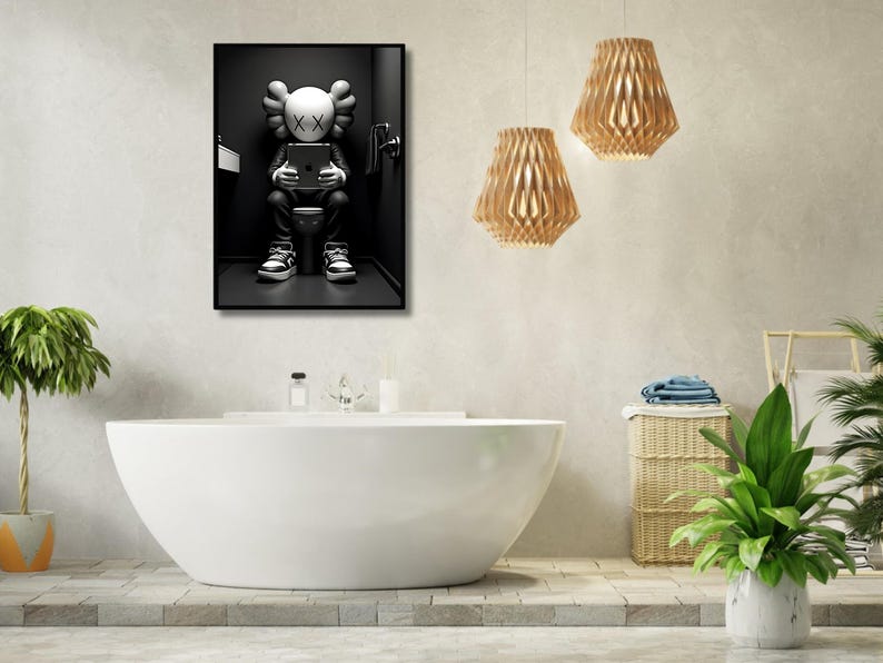 Kaws Using iPad Sitting on Toilet Poster, Kaws Toilet Poster, Nike Kaws ...
