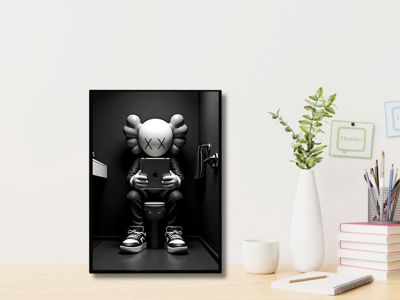 Kaws Using iPad Sitting on Toilet Poster, Kaws Toilet Poster, Nike Kaws ...