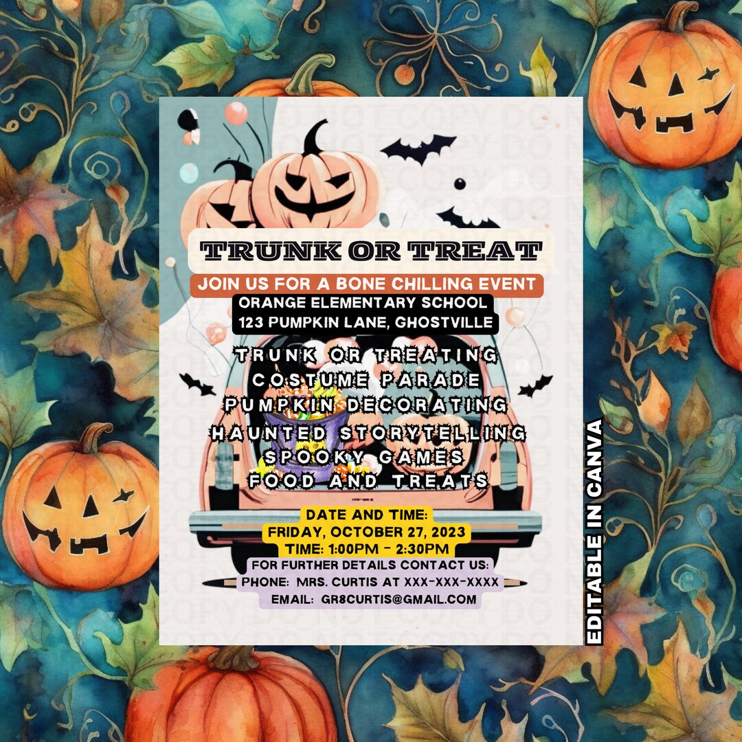 Editable Trunk or Treat Invitation Template Halloween Event School ...