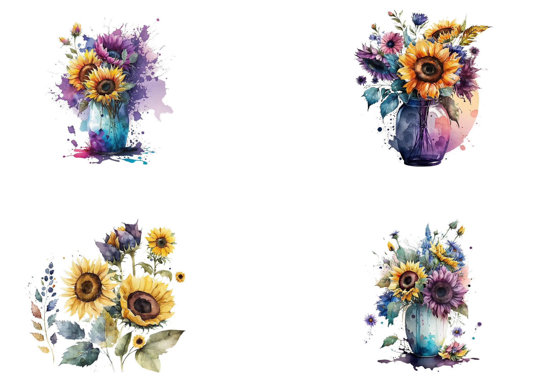24 Sunflower Flowers PNG Watercolor Floral Clipart Bouquets - Etsy