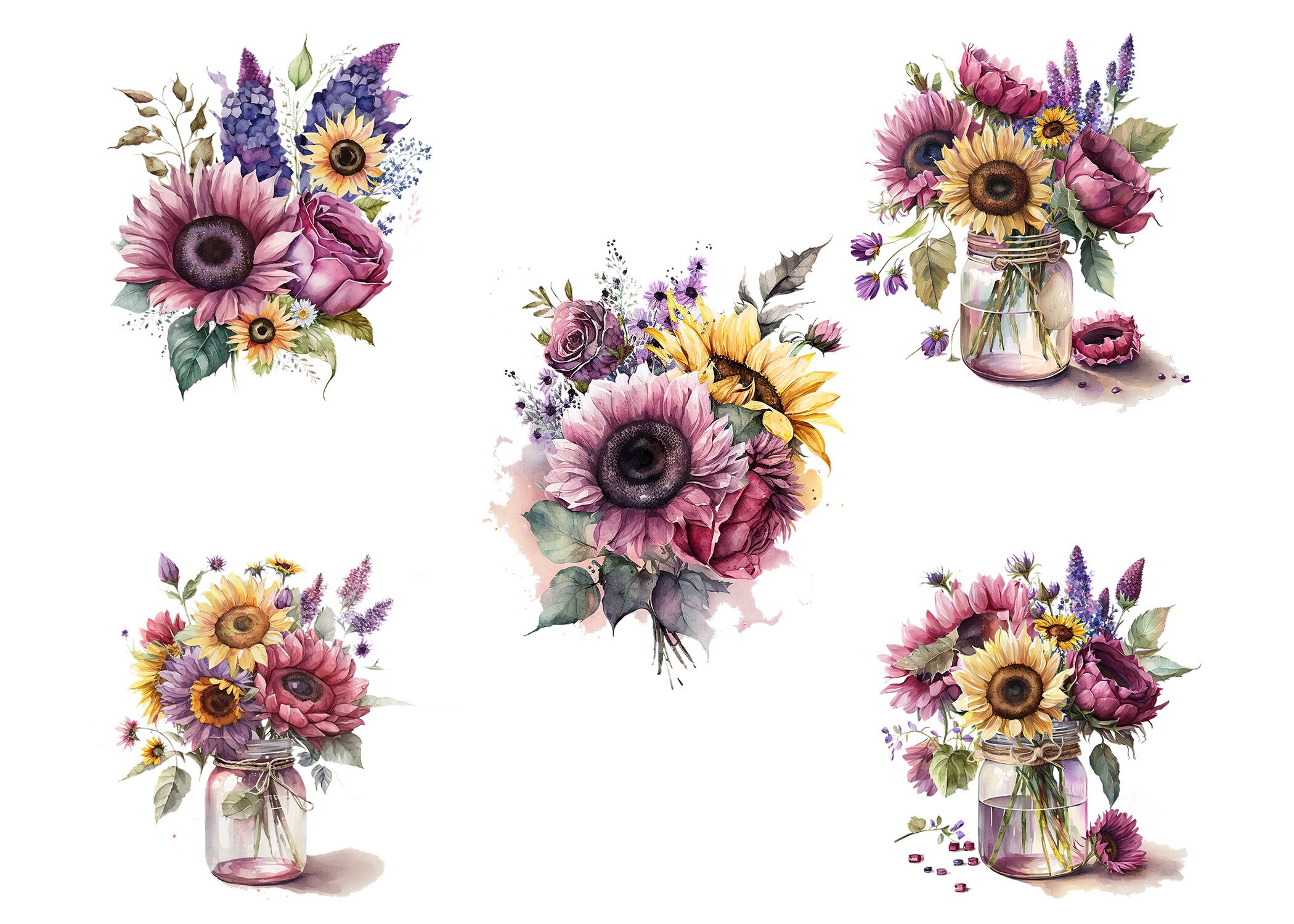 24 Sunflower Flowers PNG Watercolor Floral Clipart Bouquets - Etsy