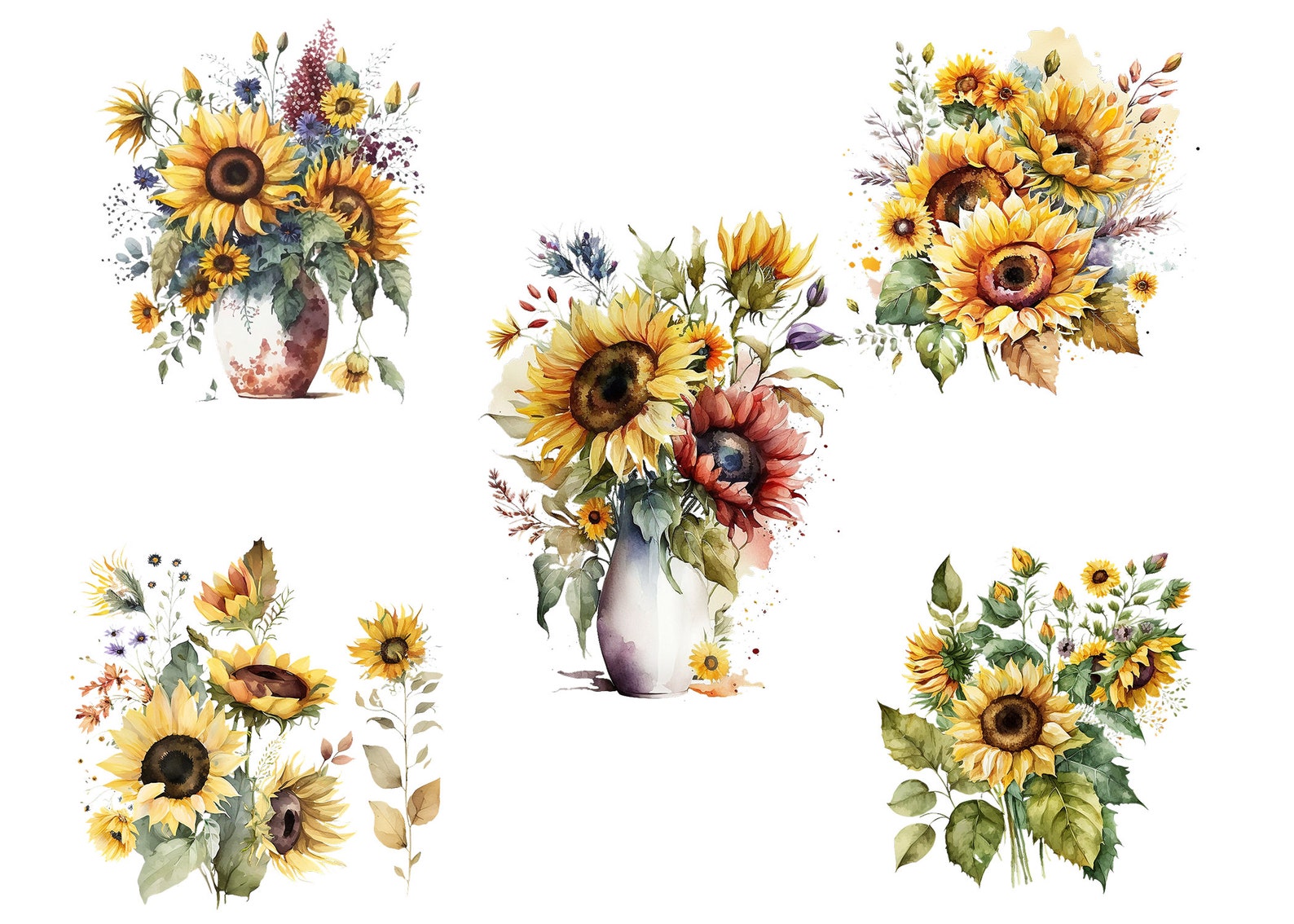 24 Sunflower Flowers PNG Watercolor Floral Clipart Bouquets - Etsy