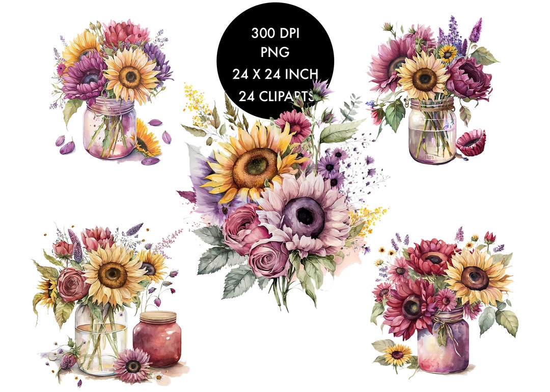 24 Sunflower Flowers PNG Watercolor Floral Clipart Bouquets - Etsy