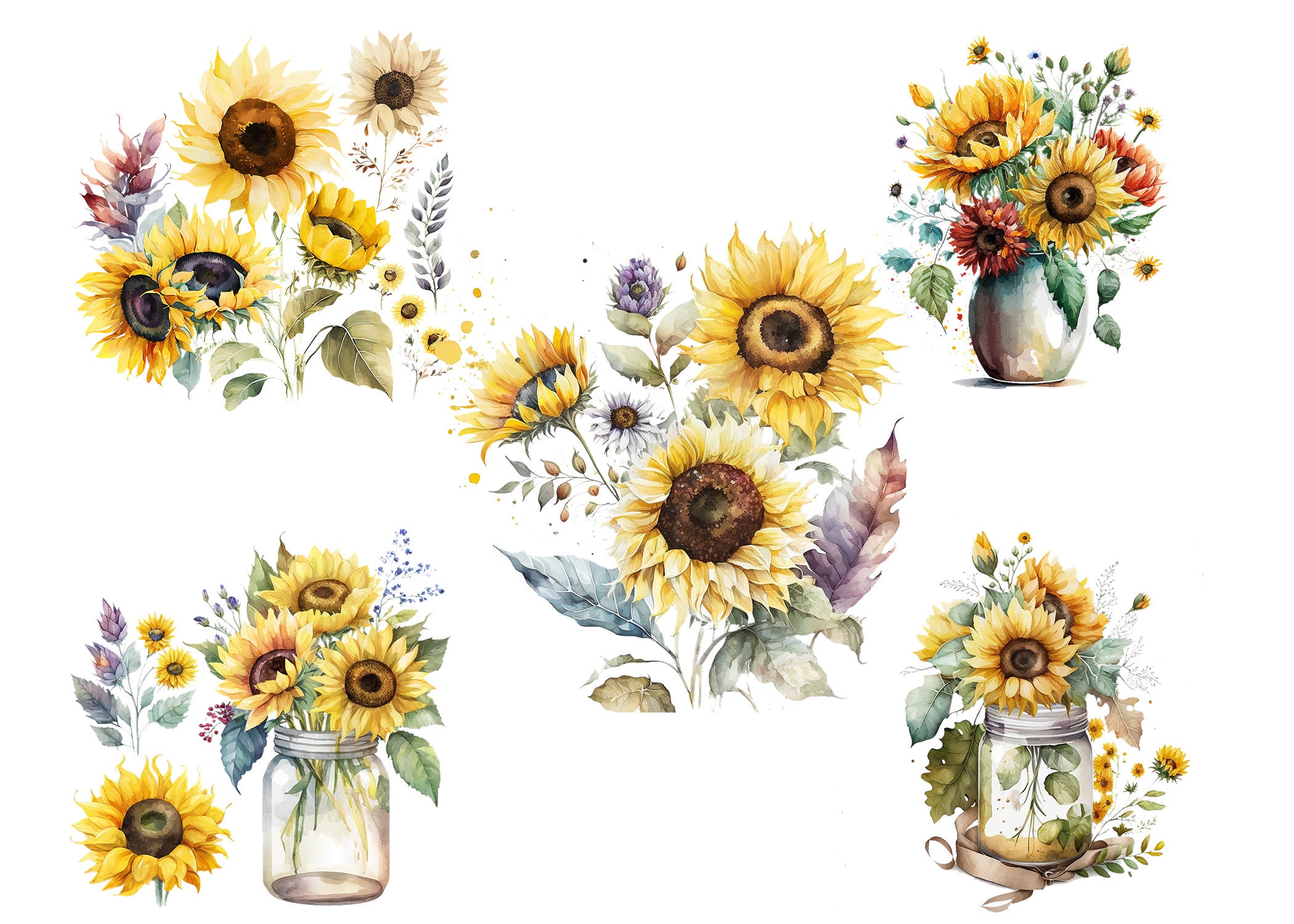 24 Sunflower Flowers PNG Watercolor Floral Clipart Bouquets - Etsy