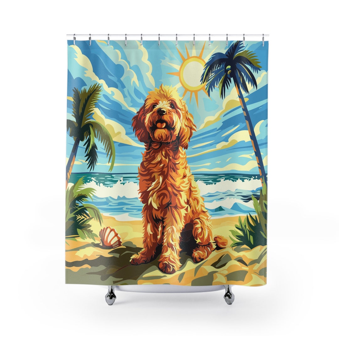 Goldendoodle Tropical Beach Scene Shower Curtain, Dog Lover Bath Decor ...