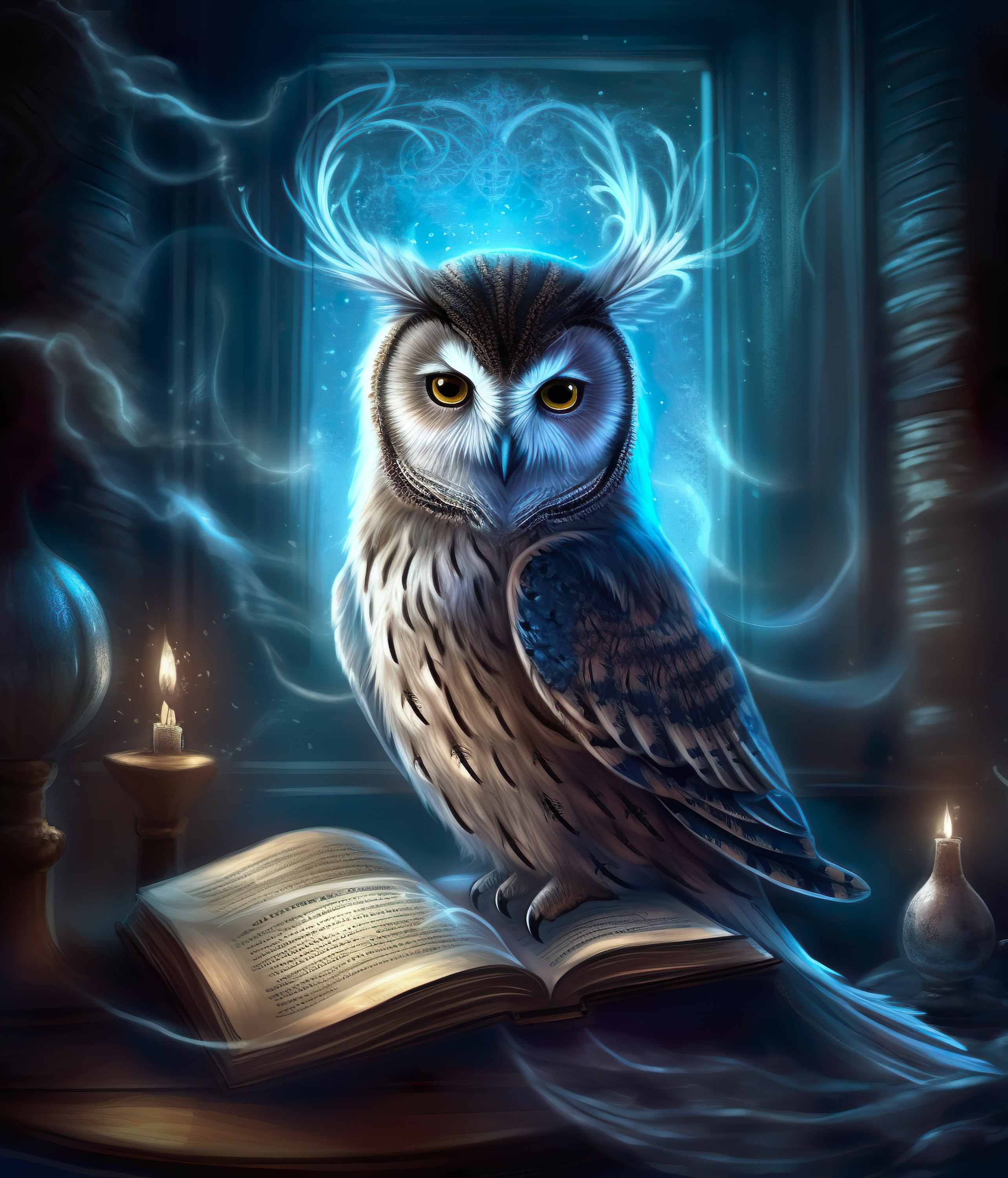 Mystical Fantasy Owl in Enchanted Library, Midjourney AI Art, Digital Download, Calming Wall ...