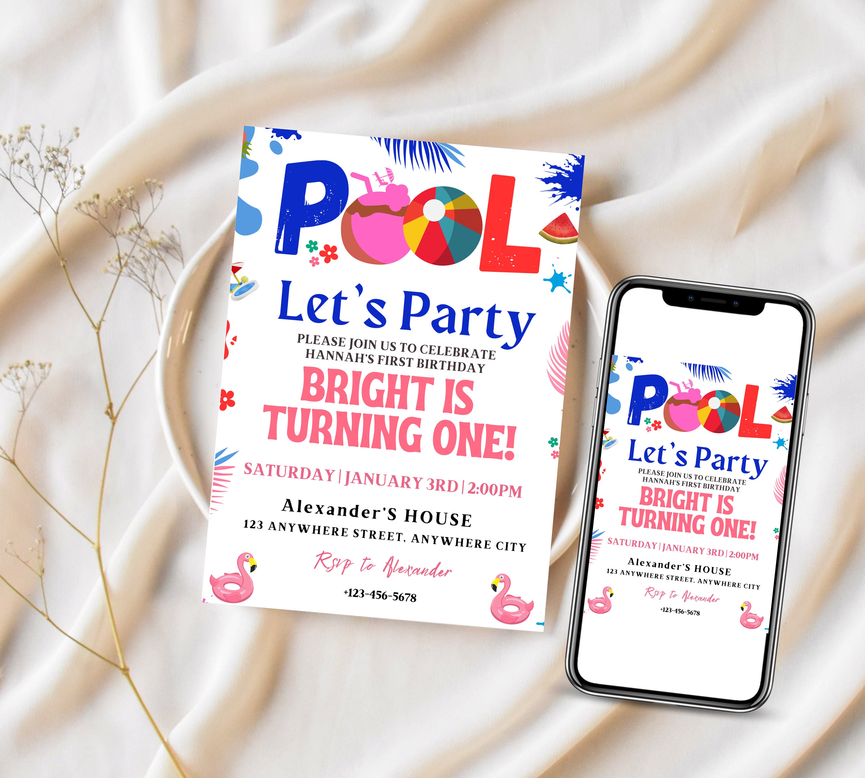 Editable Pool Party Invitation, Swim Party Invite, Tropical Birthday ...