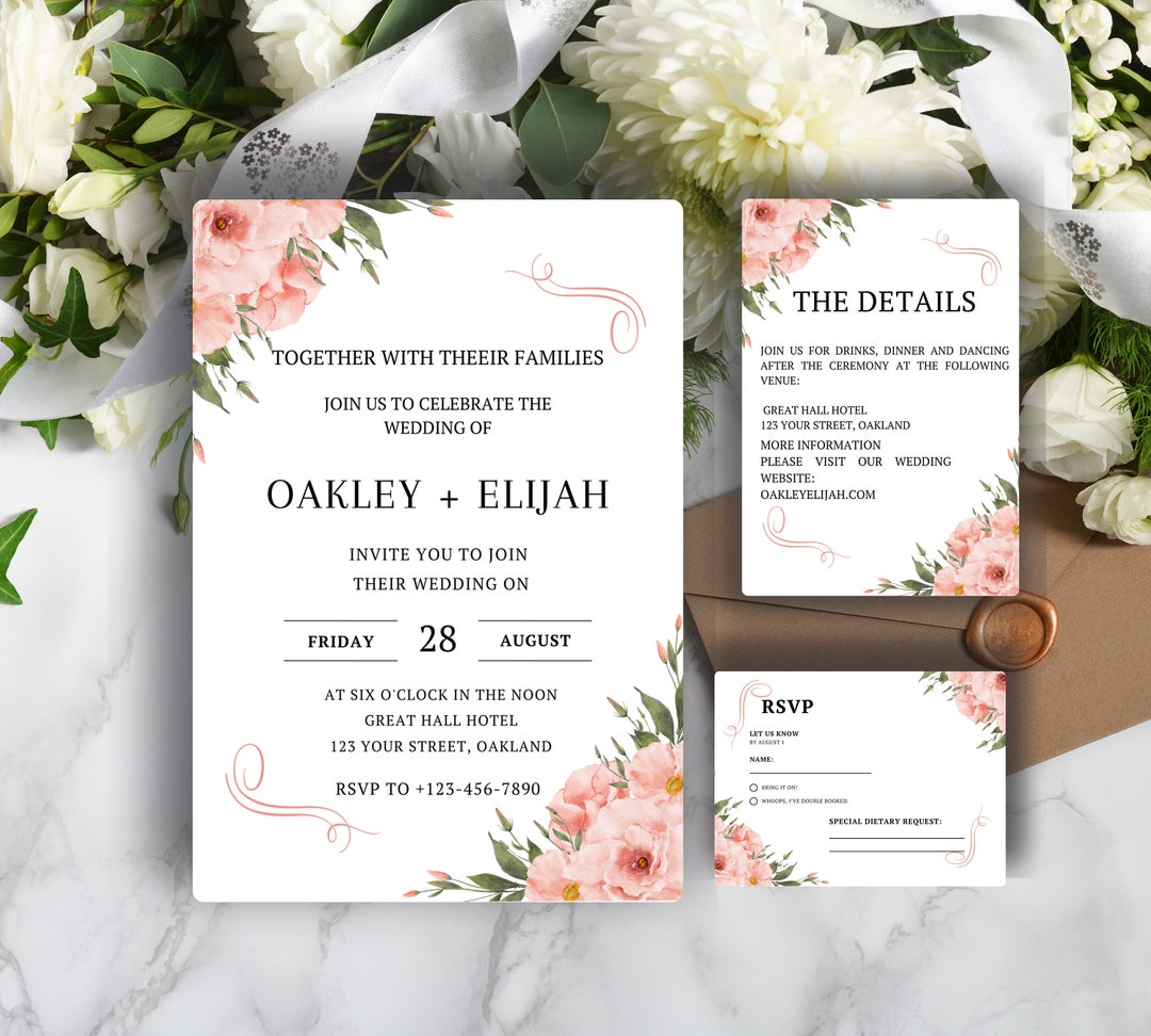 Blush Pink Wedding Invitation Template, Electronic Invite, Soft Pink ...
