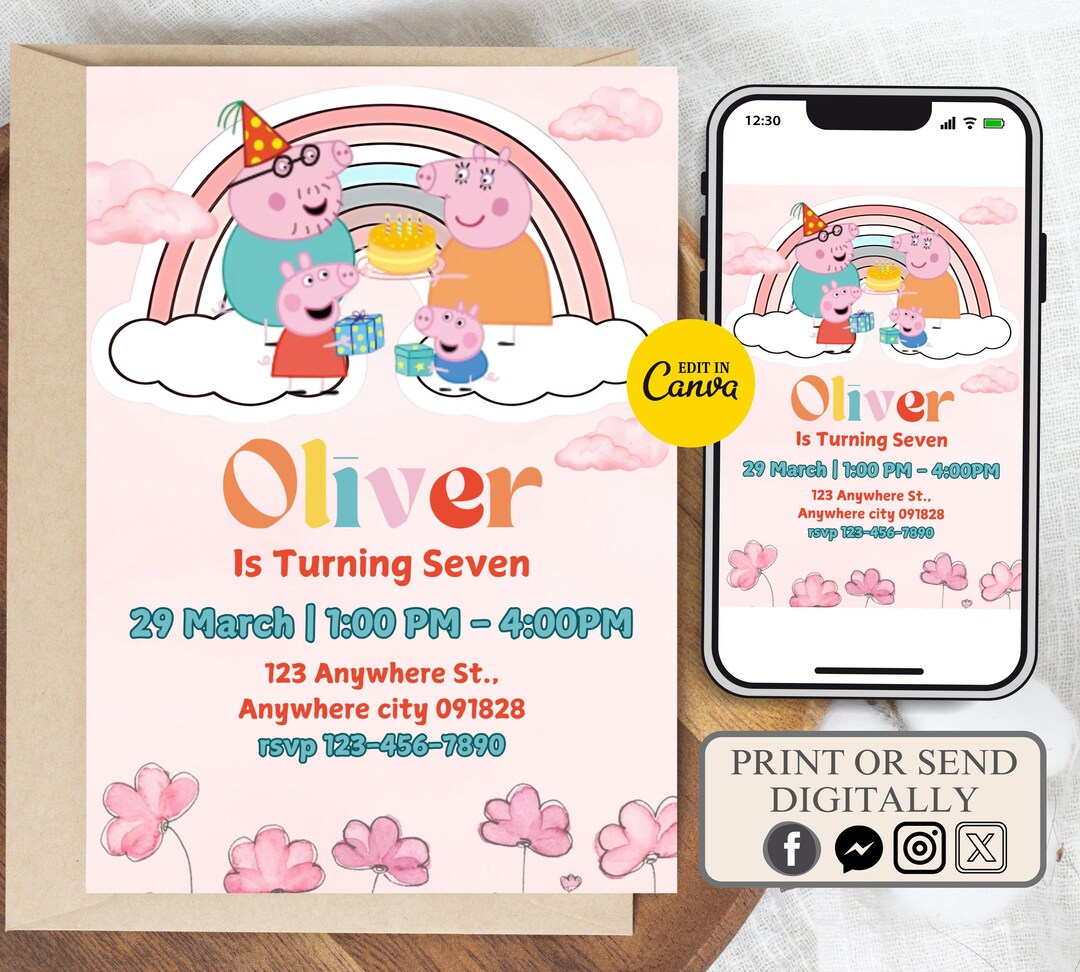 Editable Peppa Pig Birthday Invitation Peppa Pig Invite Digital ...