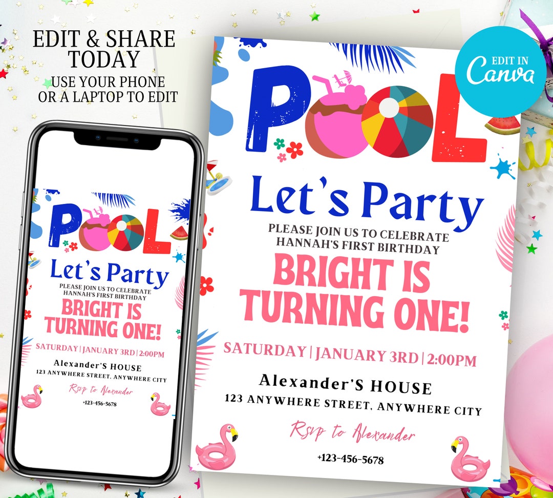 Editable Pool Party Invitation, Swim Party Invite, Tropical Birthday ...