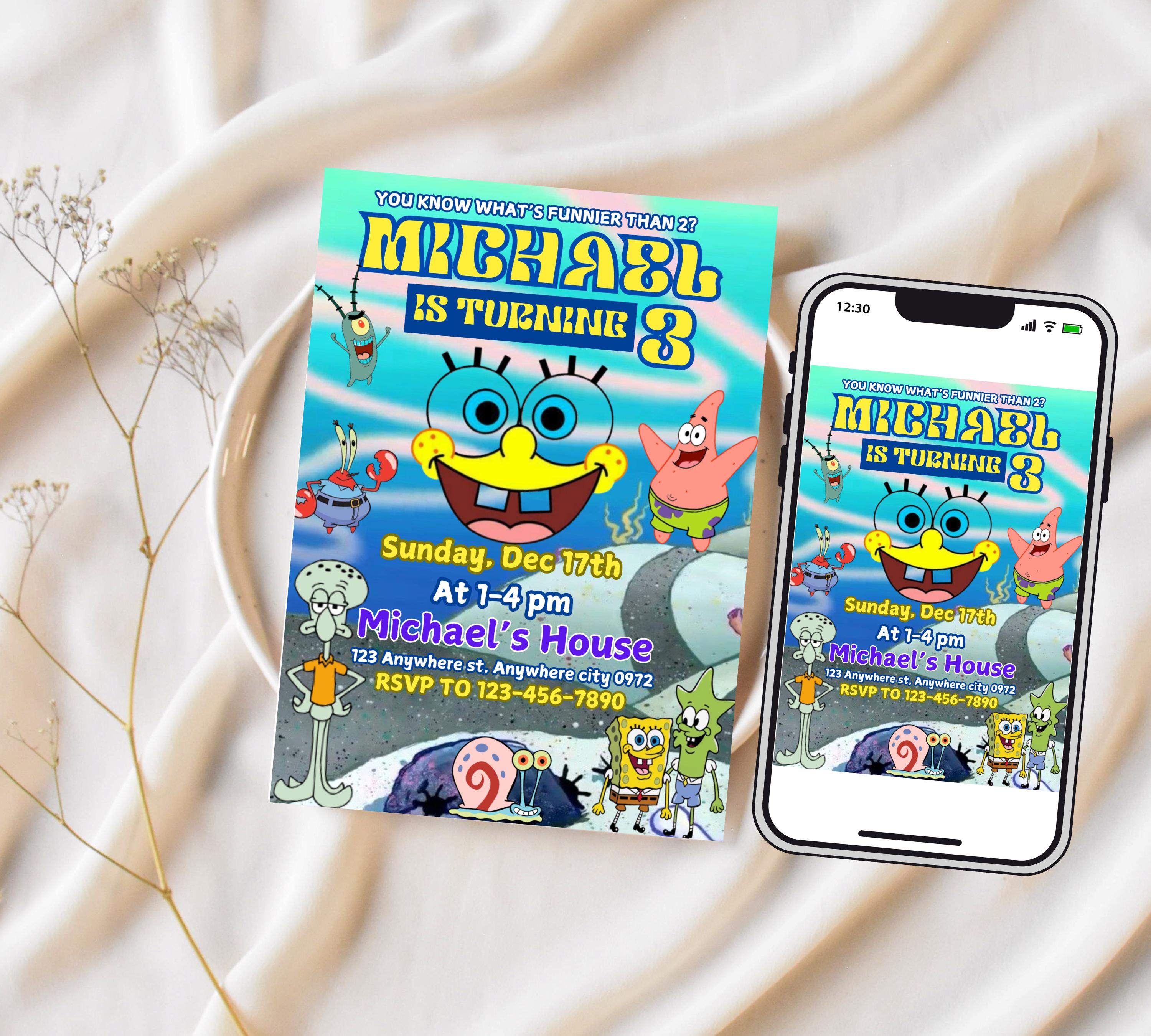 Editable Sponge Bob Birthday Invitation Template, Kids Party ...