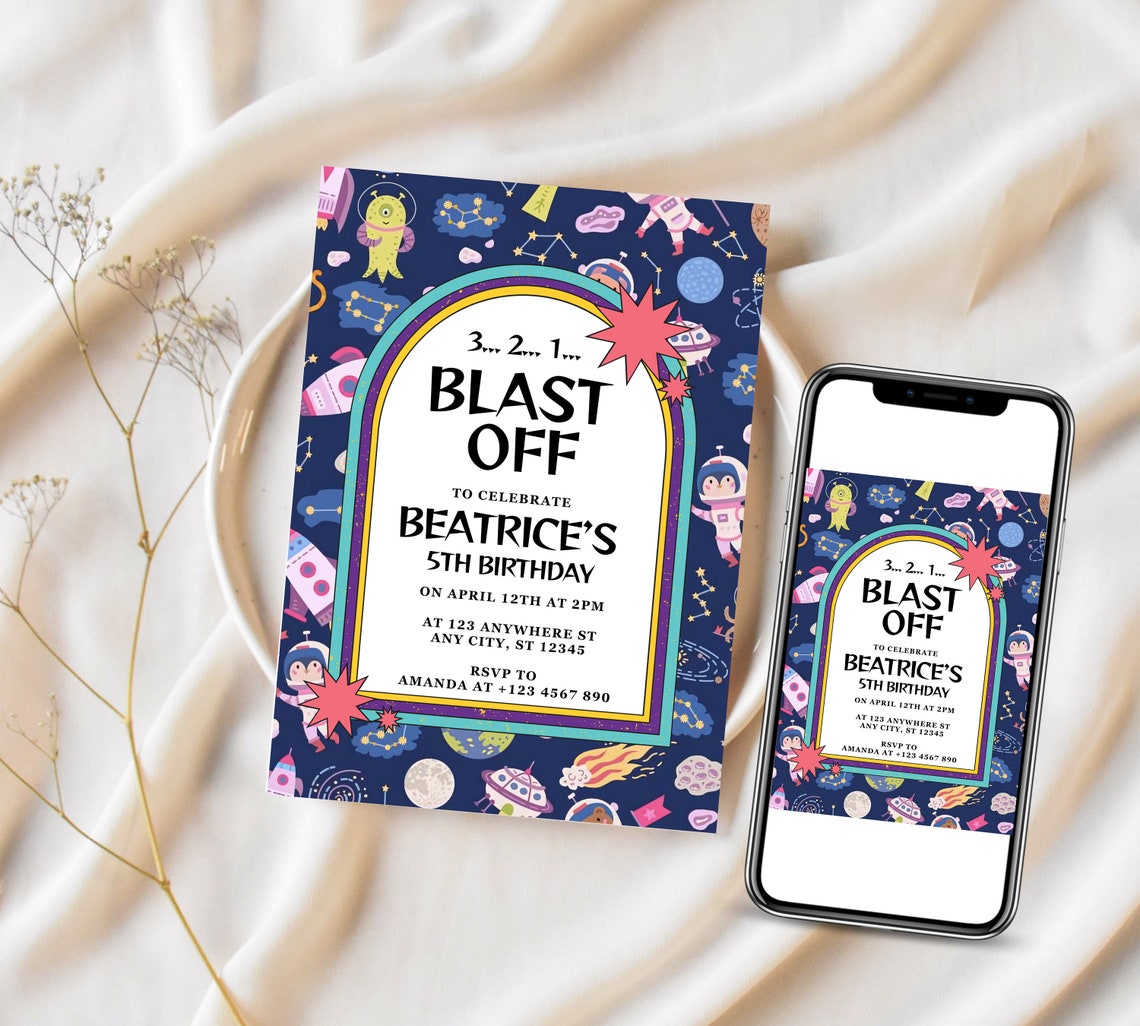 Editable Space Birthday Party Invitation, Galaxy Blast off Invitation ...