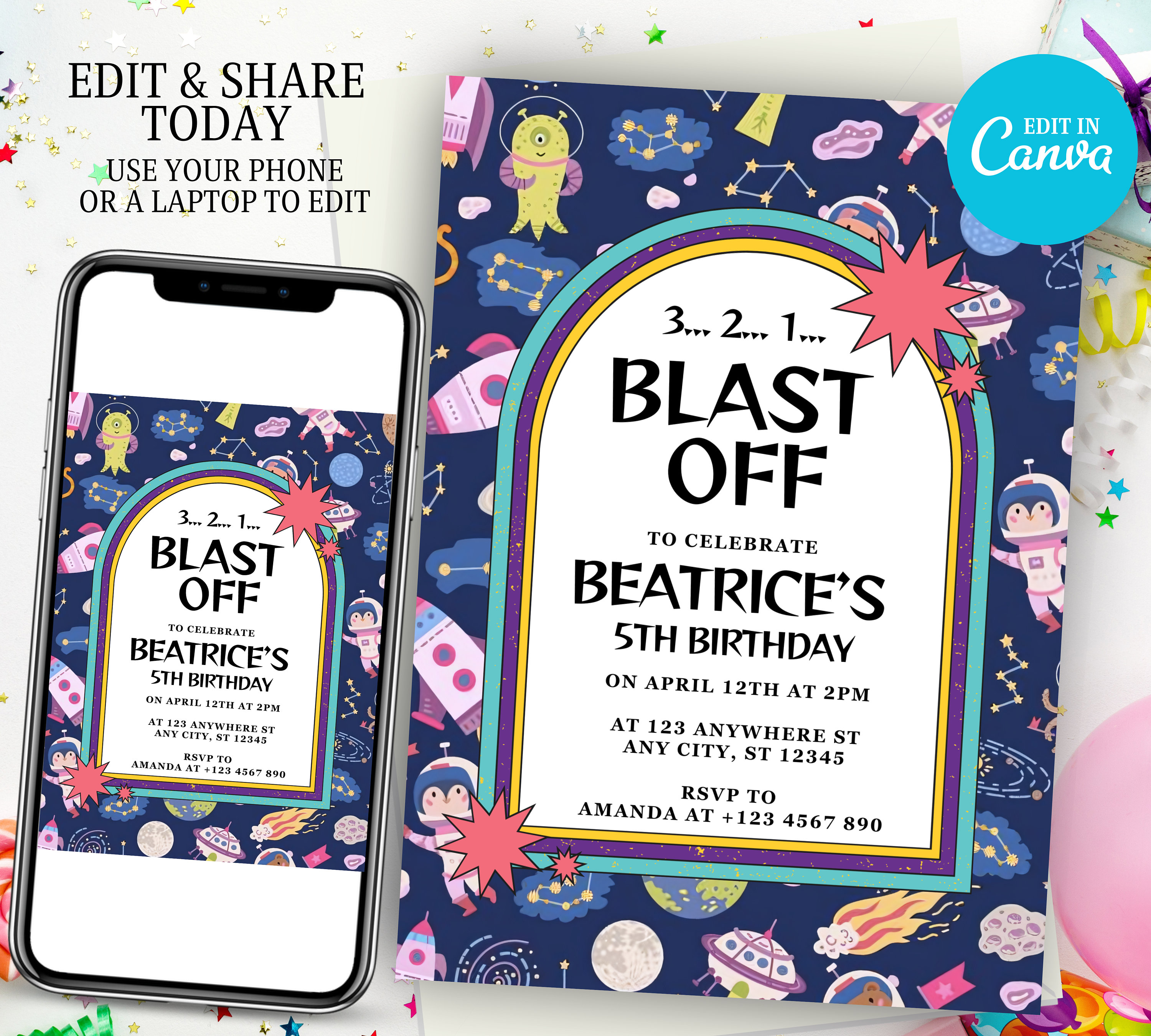 Editable Space Birthday Party Invitation, Galaxy Blast off Invitation ...