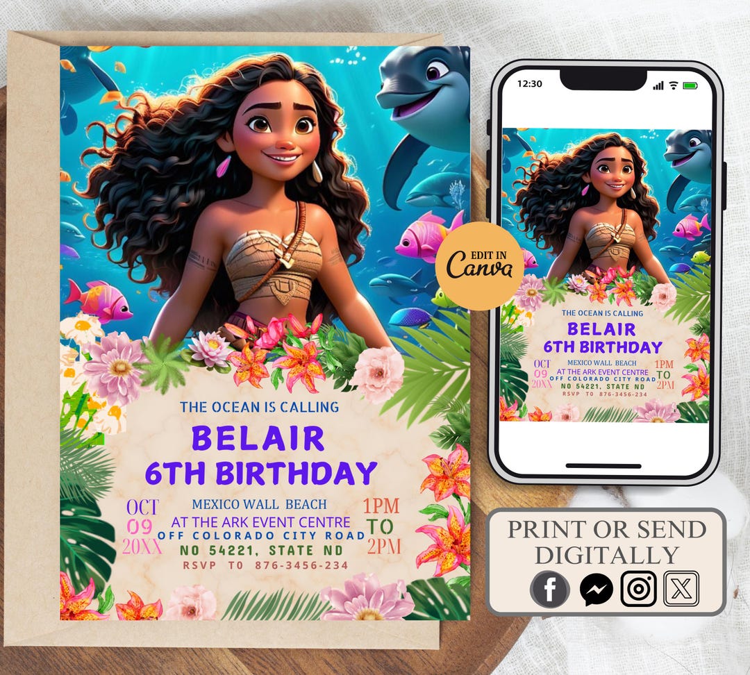 Editable Moana Birthday Invitation | Printable Moana Birthday Invite ...