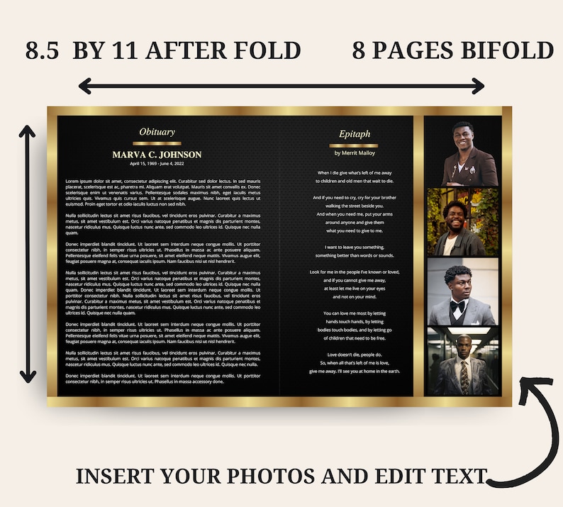 Editable Funeral Program Template Floral Memorial Program Golden Black ...