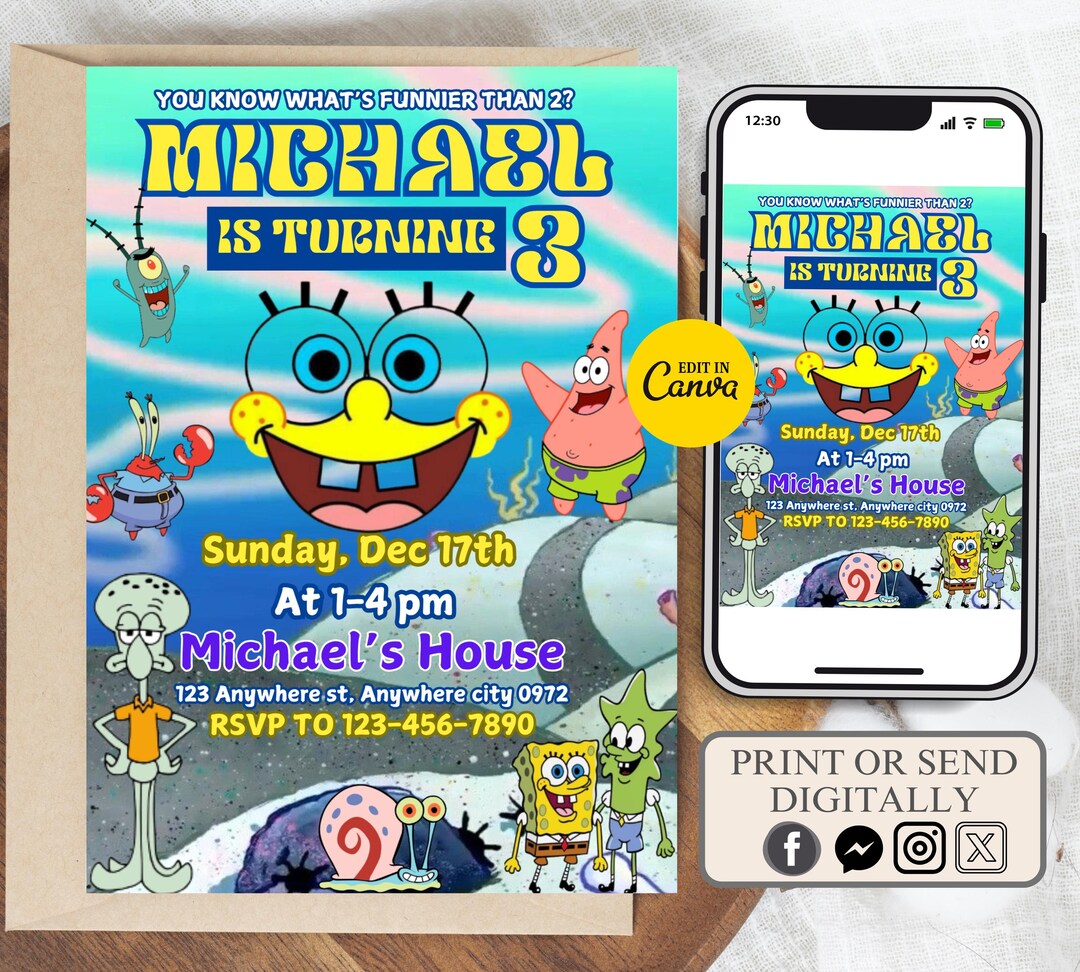 Editable Sponge Bob Birthday Invitation Template, Kids Party ...