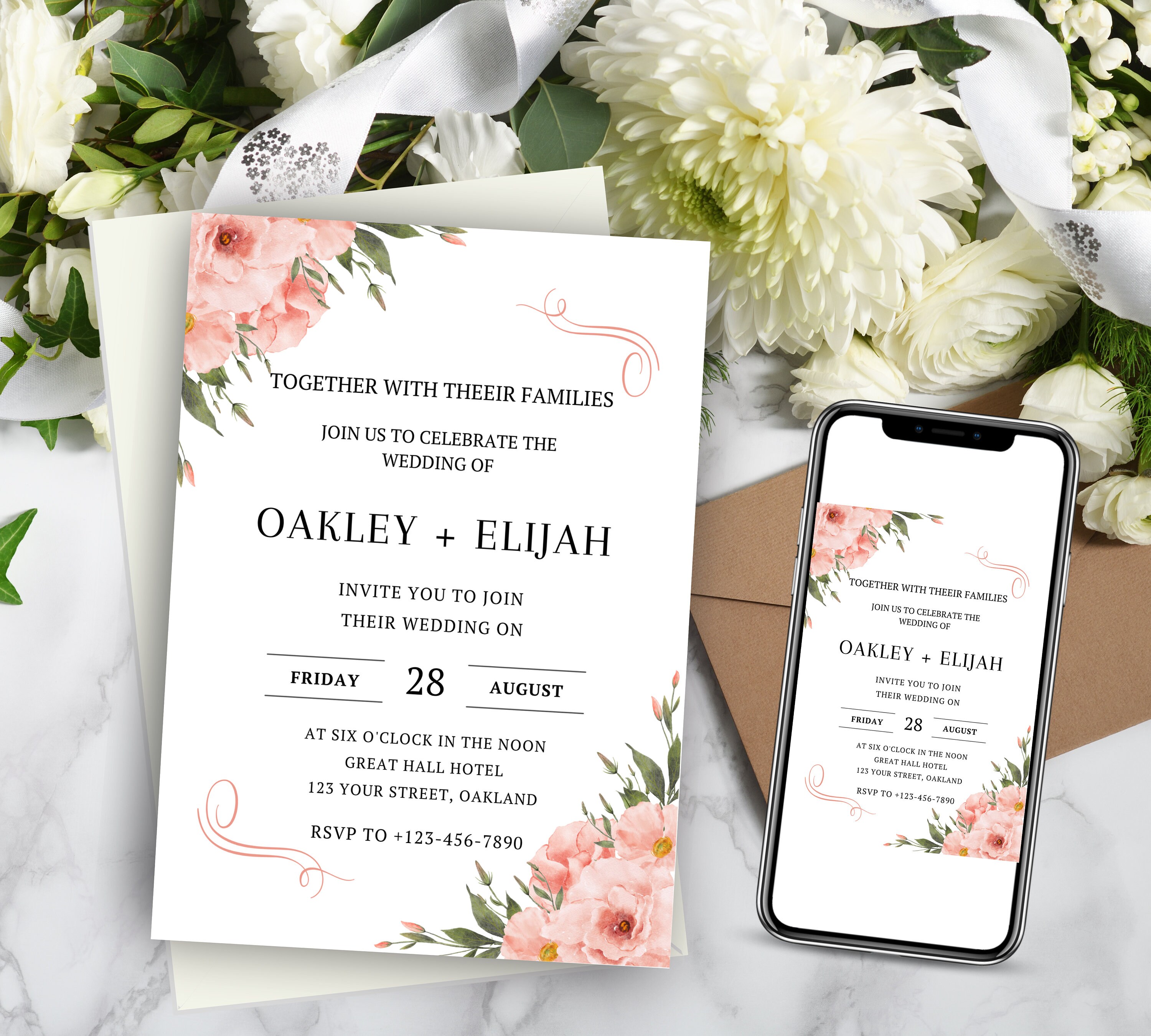 Blush Pink Wedding Invitation Template, Electronic Invite, Soft Pink ...