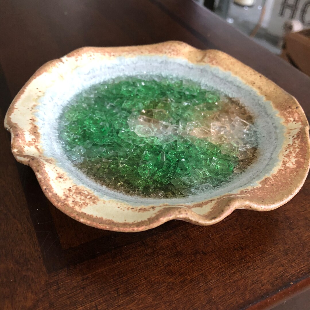Vtg USA Made Pottery Crackled Glass Round Ashtray Dish - Etsy