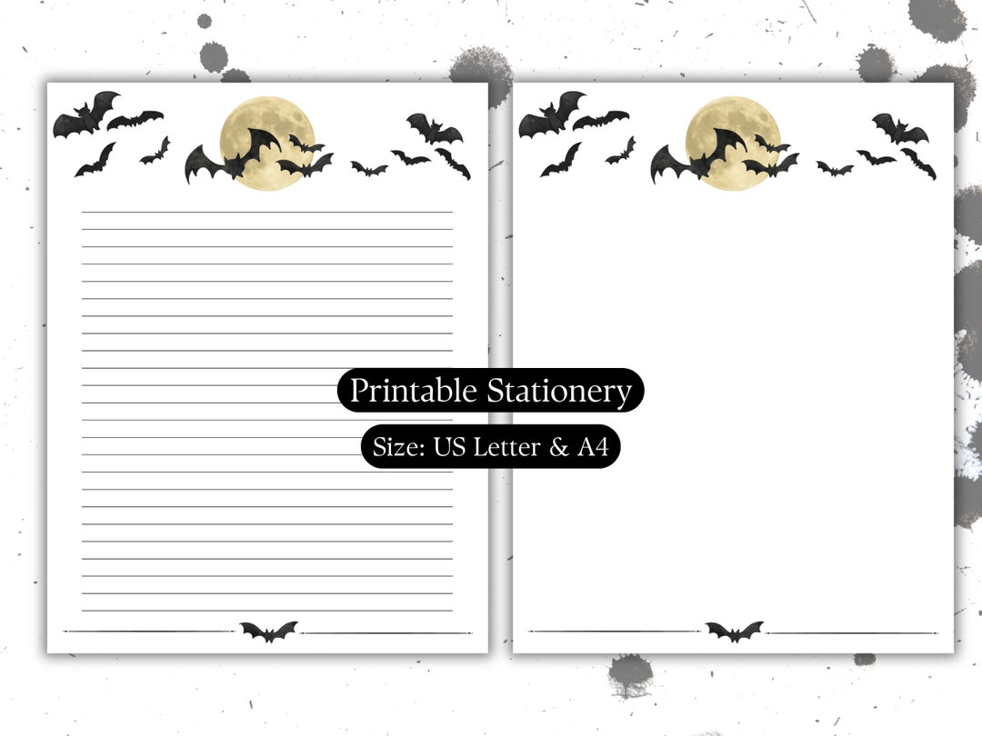 Bats and Full Moon Stationery Halloween Printable Stationery, A4 US ...
