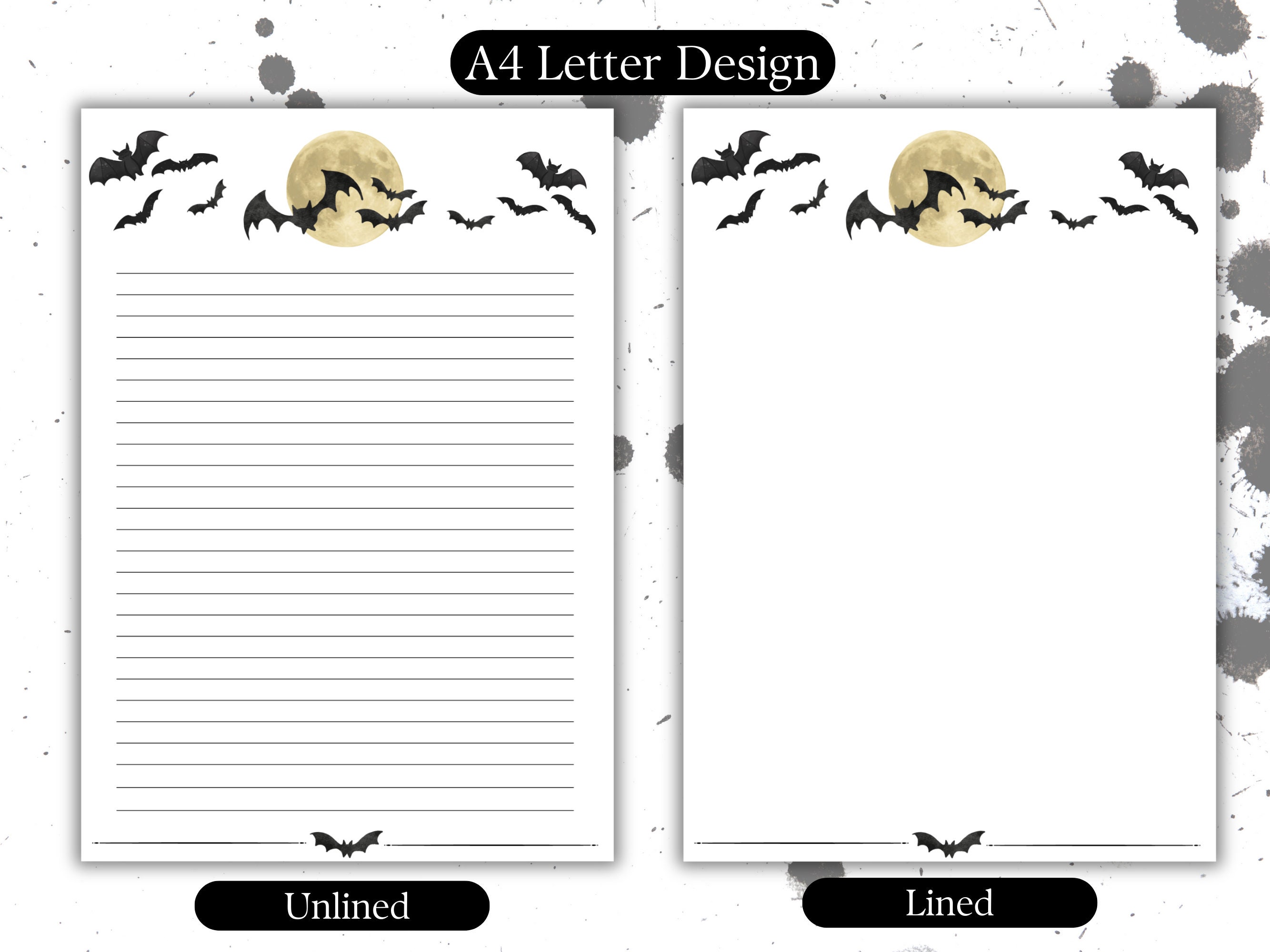 Bats and Full Moon Stationery Halloween Printable Stationery, A4 US ...