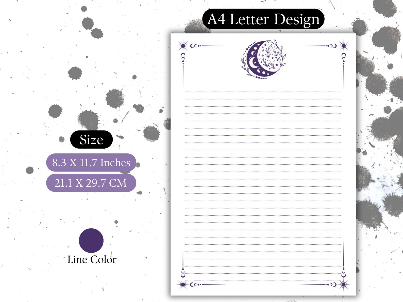 Lunar Witch Stationery, Purple Moon Printable Stationery, A4, US Letter ...
