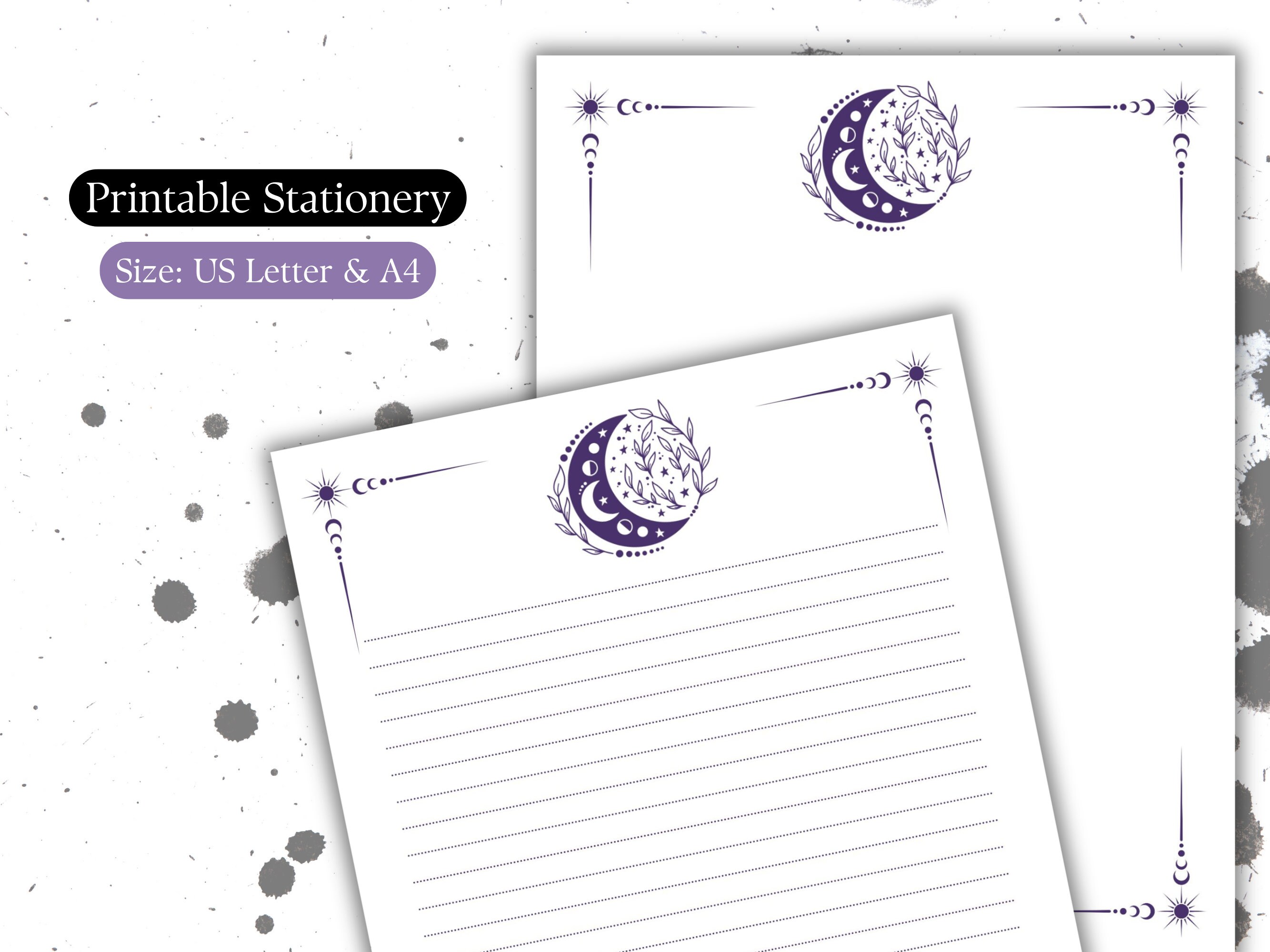 Lunar Witch Stationery, Purple Moon Printable Stationery, A4, US Letter ...